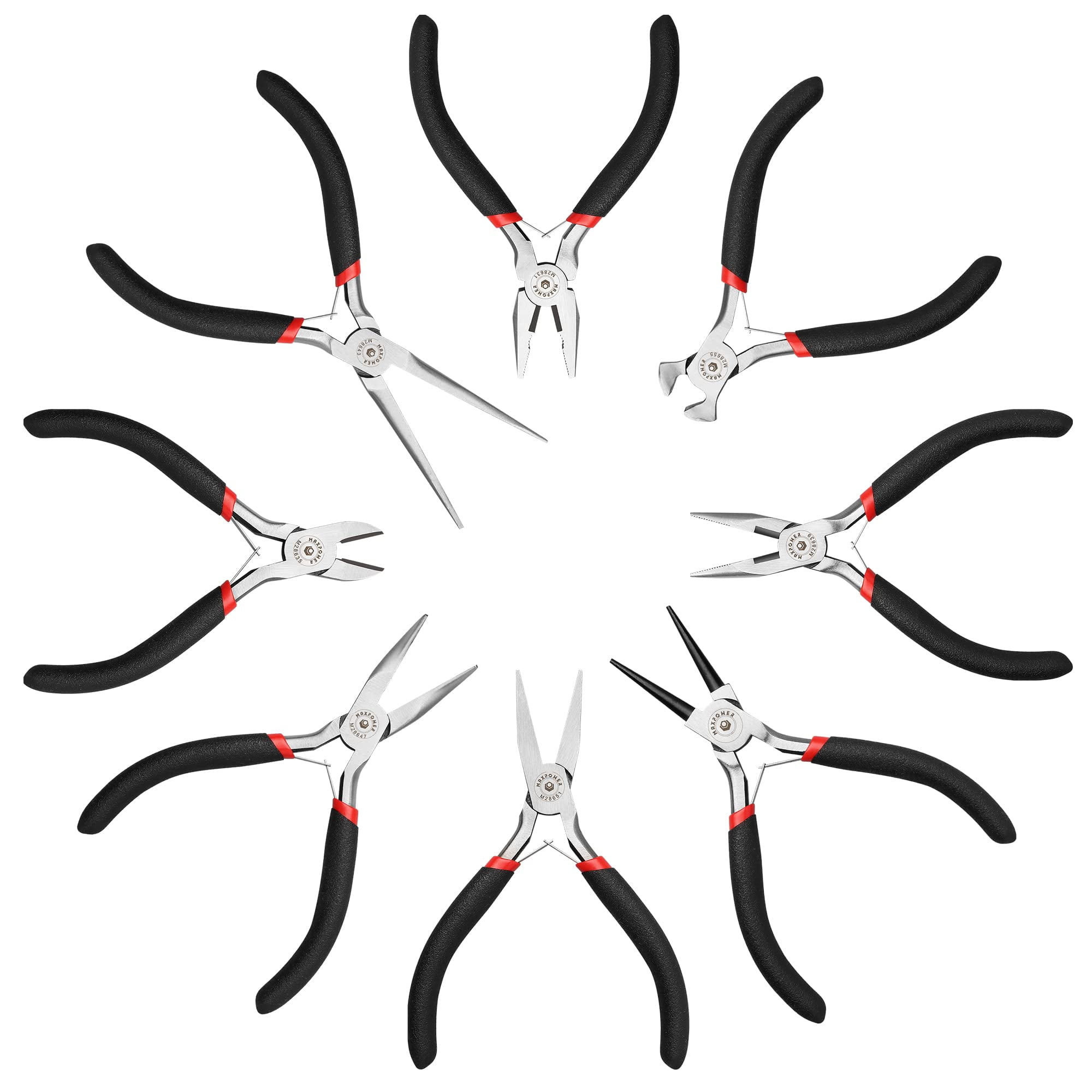 MAXPOWER Mini Jewelry Pliers Set - 8pc, Diagonal, End Cut, Bent ...