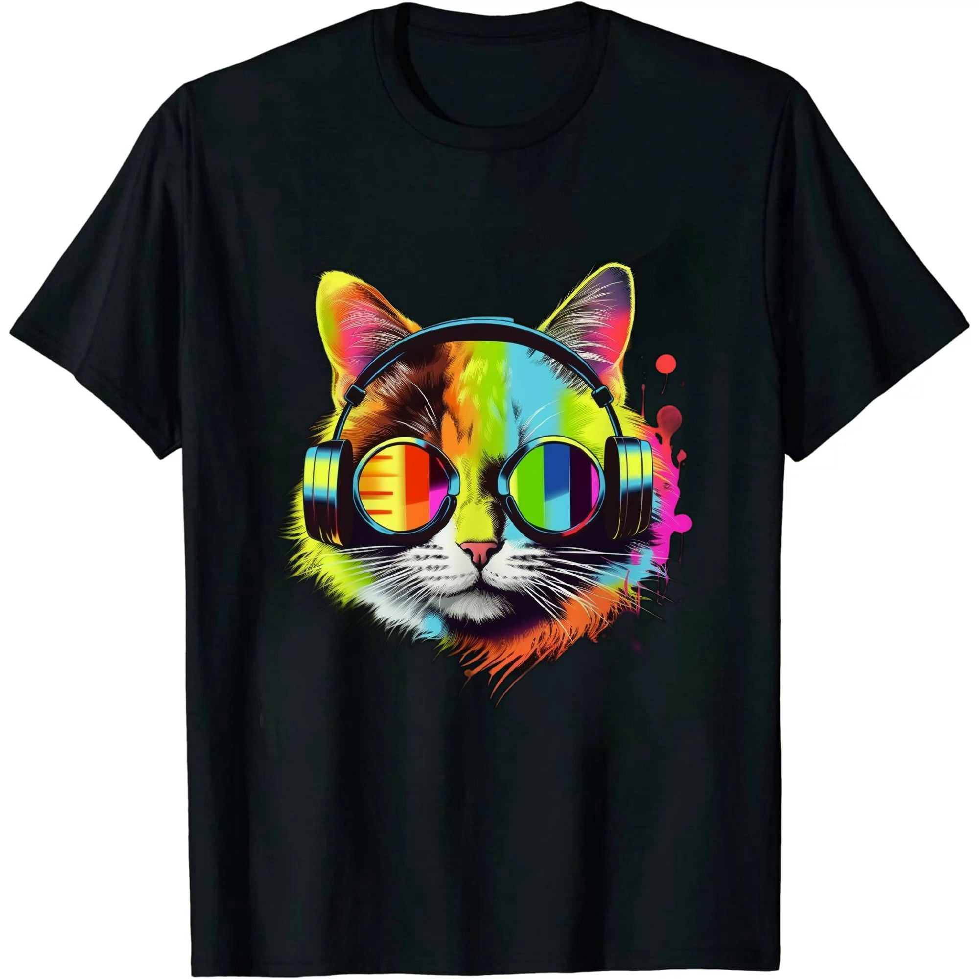 MAXPRESS Funny Kitty Colorful Rainbow Rave Music DJ Cat T-Shirt ...