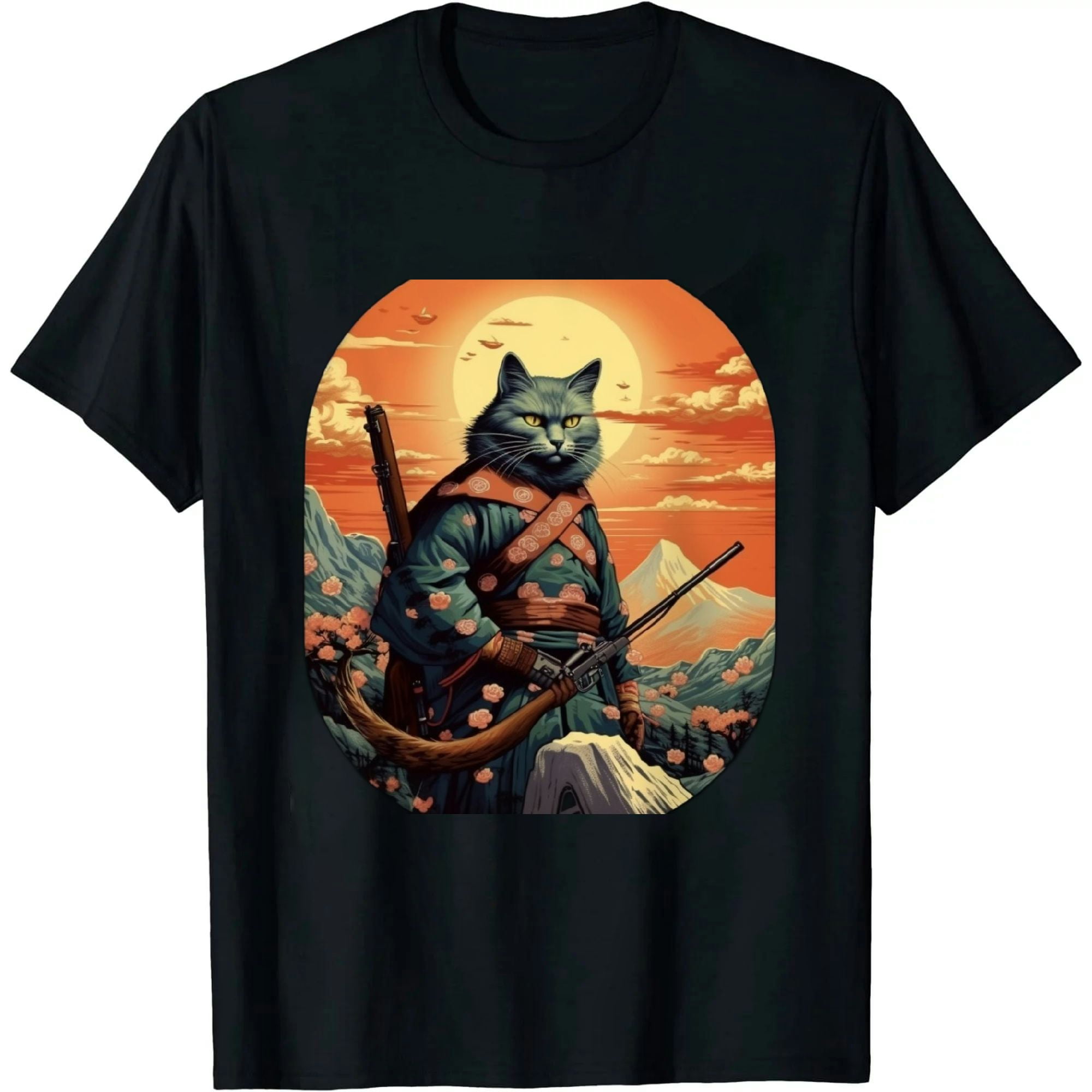 MAXPRESS Japanese Art Cat Ninja Ukiyo-e Anime Style Samurai Cat T-Shirt ...