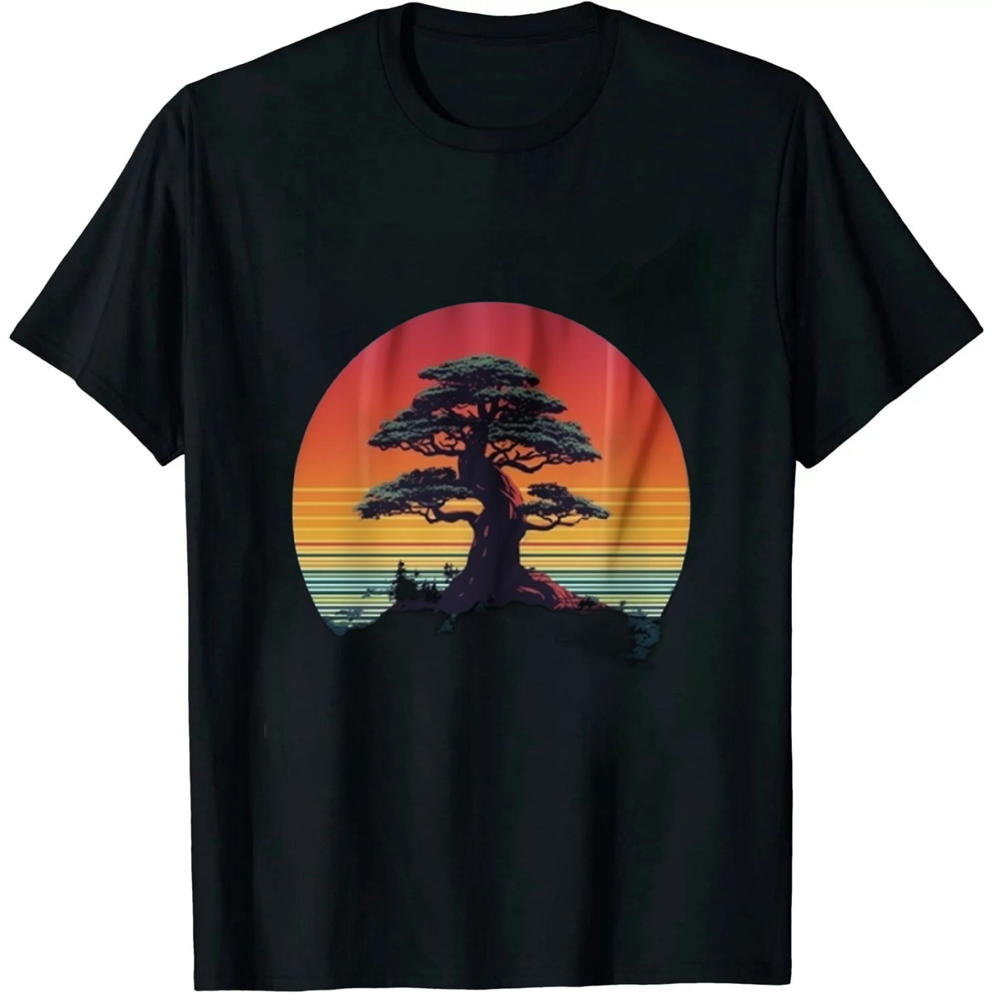 Maxpress Womens Retro Sun Minimalist Bonsai Tree Design T Shirt