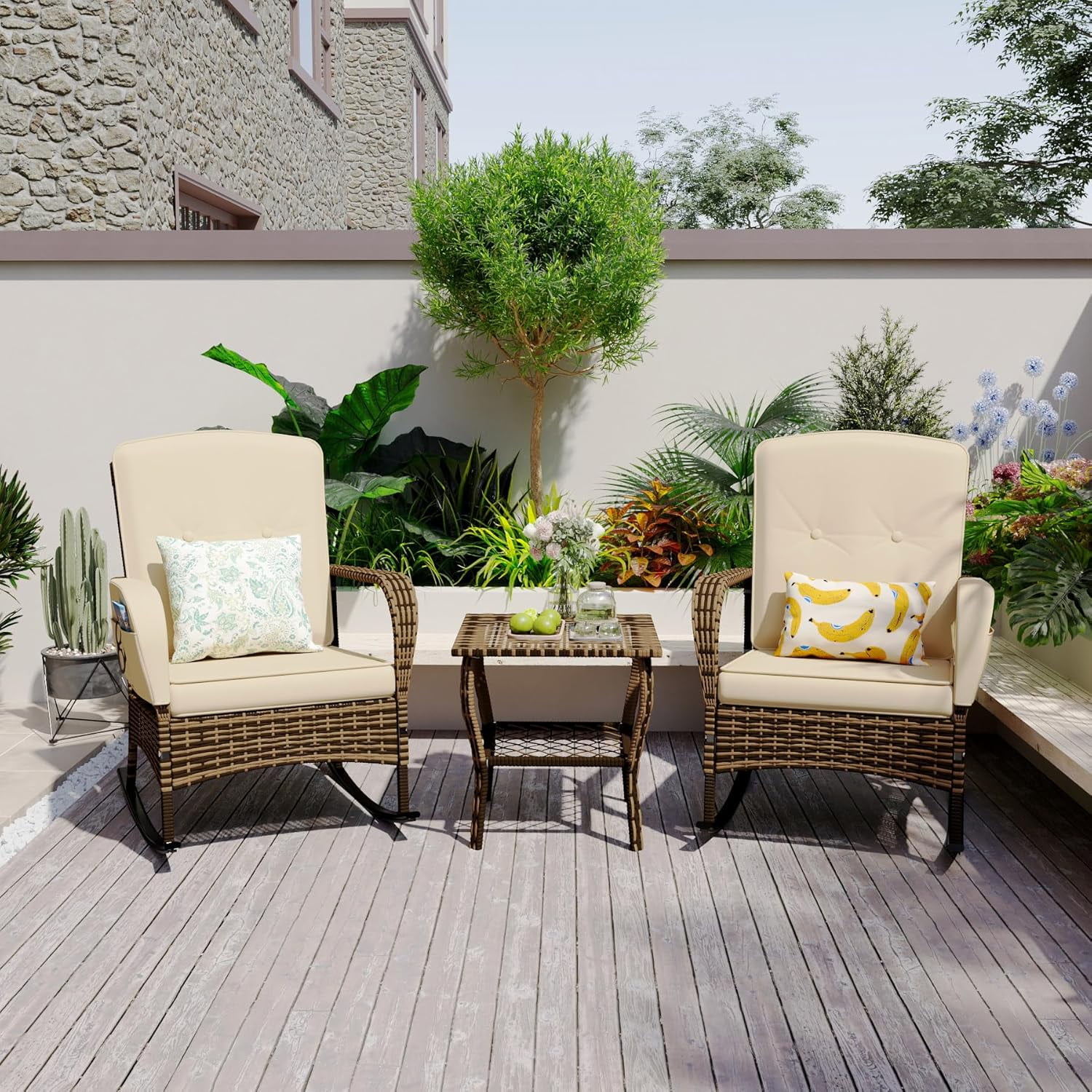 MAXPRIME 3 Pieces Outdoor Wicker Rocking Chairs, Patio Rocking Chairs ...