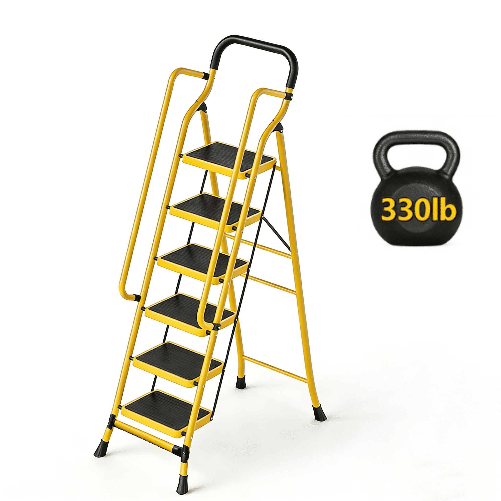 MAXVINI 6-Step Ladder, Foldable with Handrails and Wide Non-Slip Steps ...