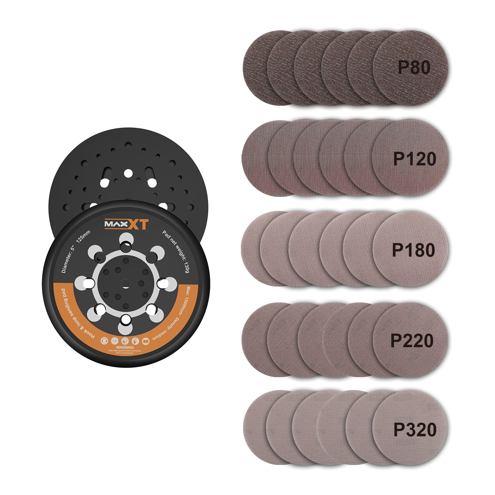 MAXXT 5" Hook & Loop DA Sander Backing Plate Pad 30 Sandpaper, Dual ...