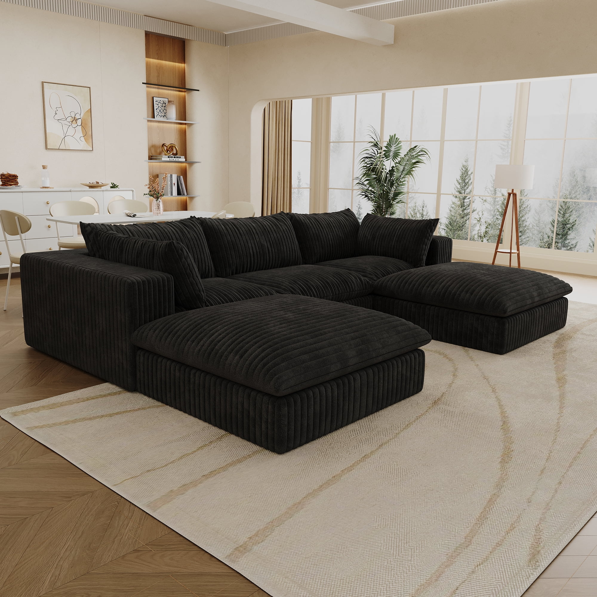 MAYEERTY 118.2" Cloud Sofa Black Corduroy Fabric Deep Seat Double-Layer ...