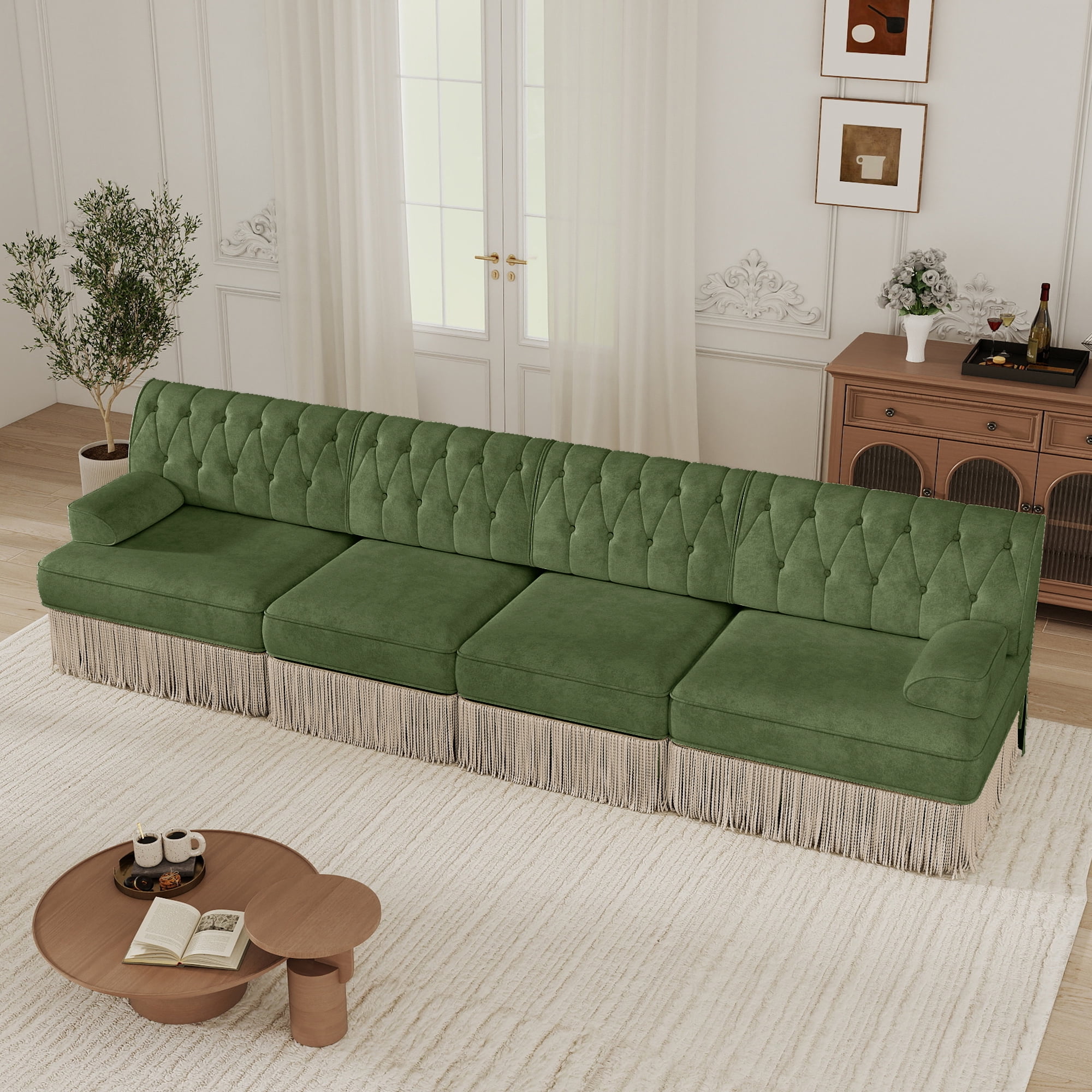 MAYEERTY 135 Inch Chesterfield Sofa, 4-Seater Modular Couch with Tassel ...