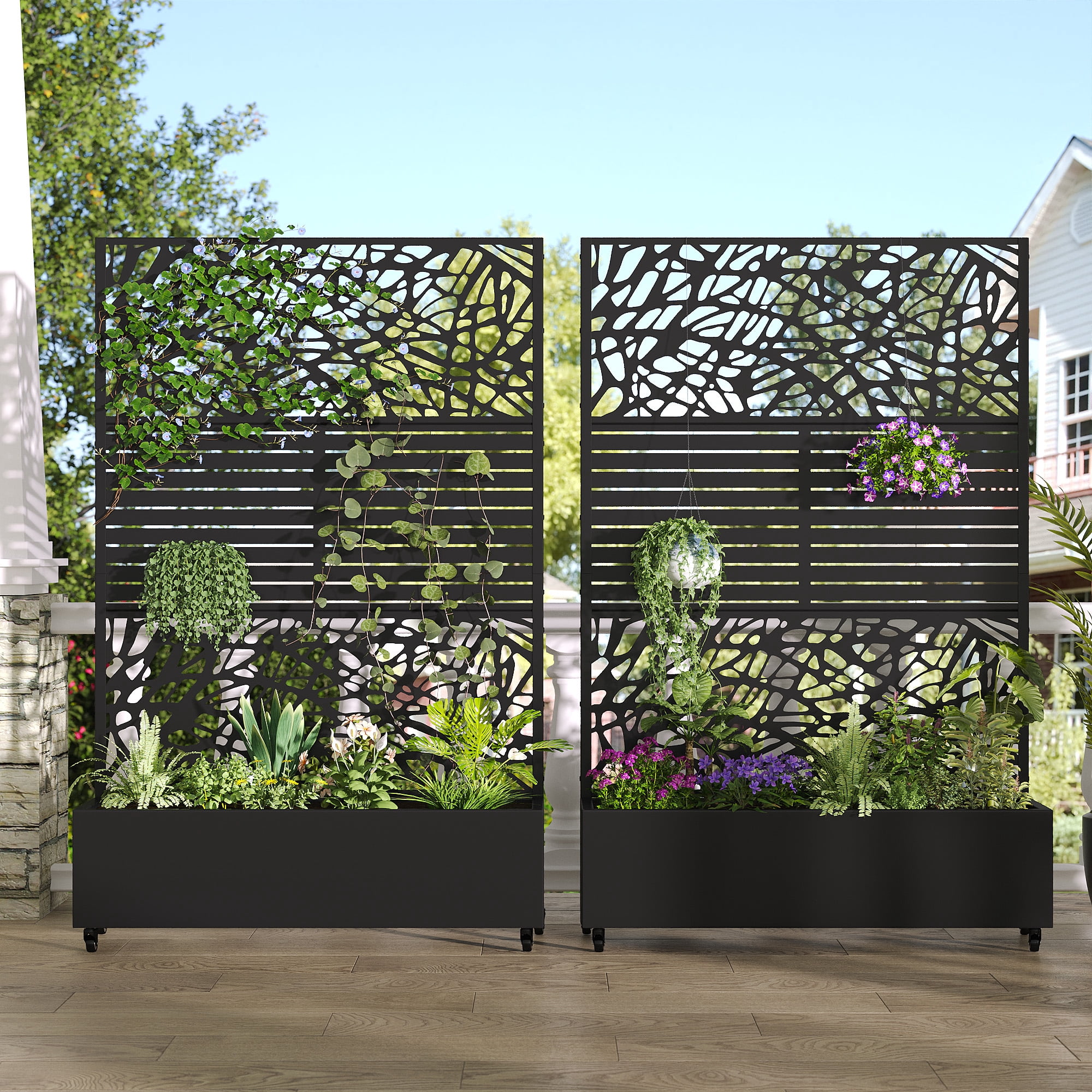 MAYEERTY 2-Set 47*16" Outdoor Black Metal Planter Box with Trellis for ...