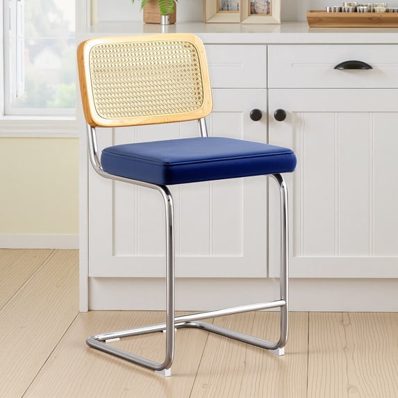 MAYEERTY 24" Royal Blue Counter Height Velvet & Rattan Bar Stools Set ...