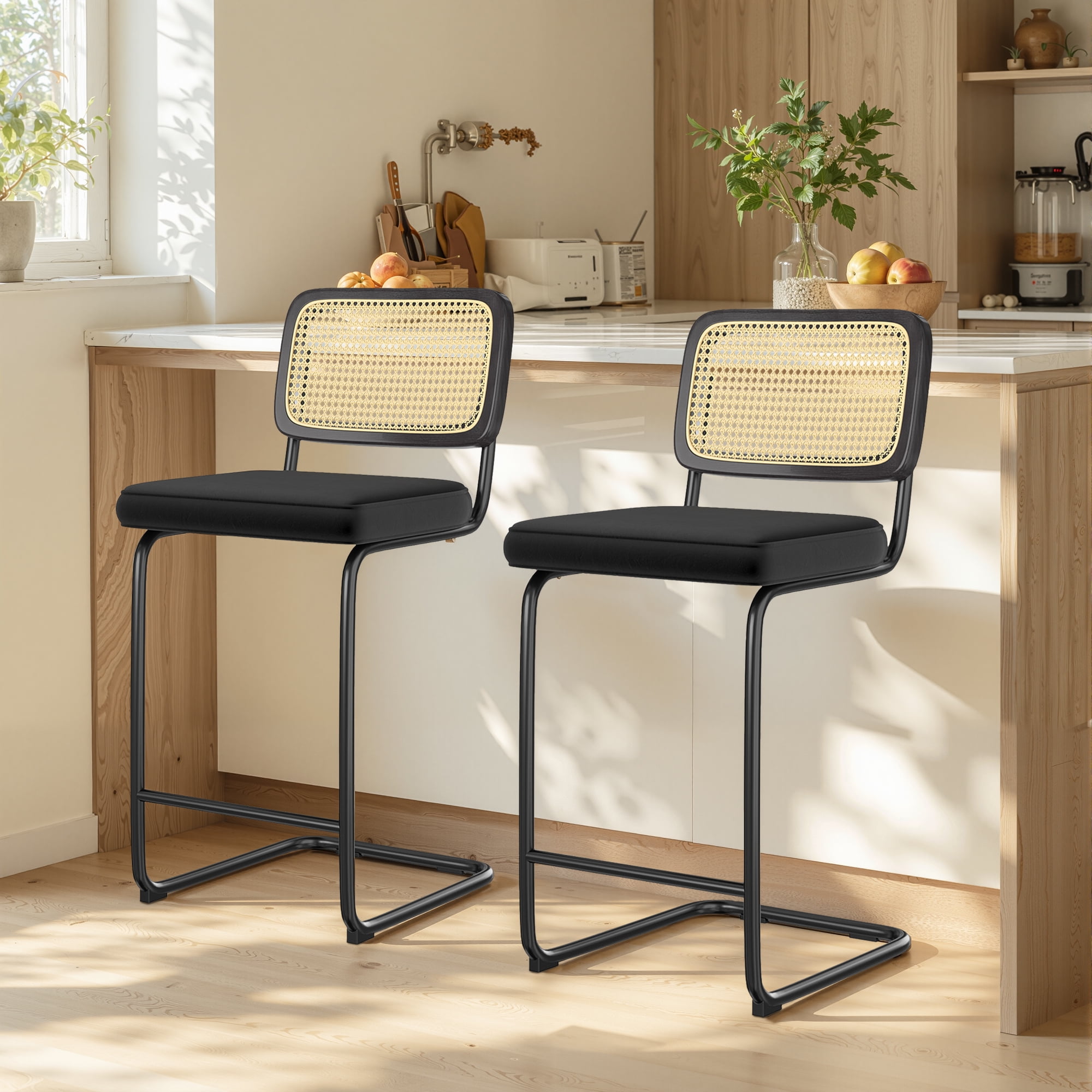 MAYEERTY 26" Royal Blue Counter Height Velvet & Rattan Bar Stools Set ...