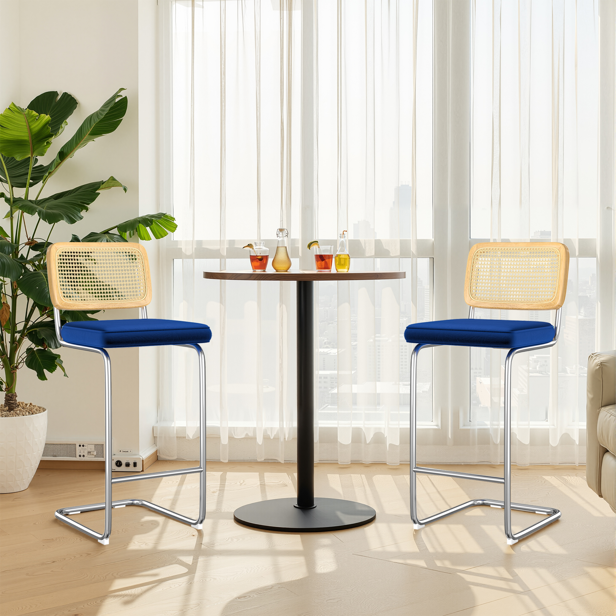 MAYEERTY 30" Royal Blue Counter Height Velvet & Rattan Bar Stools Set ...
