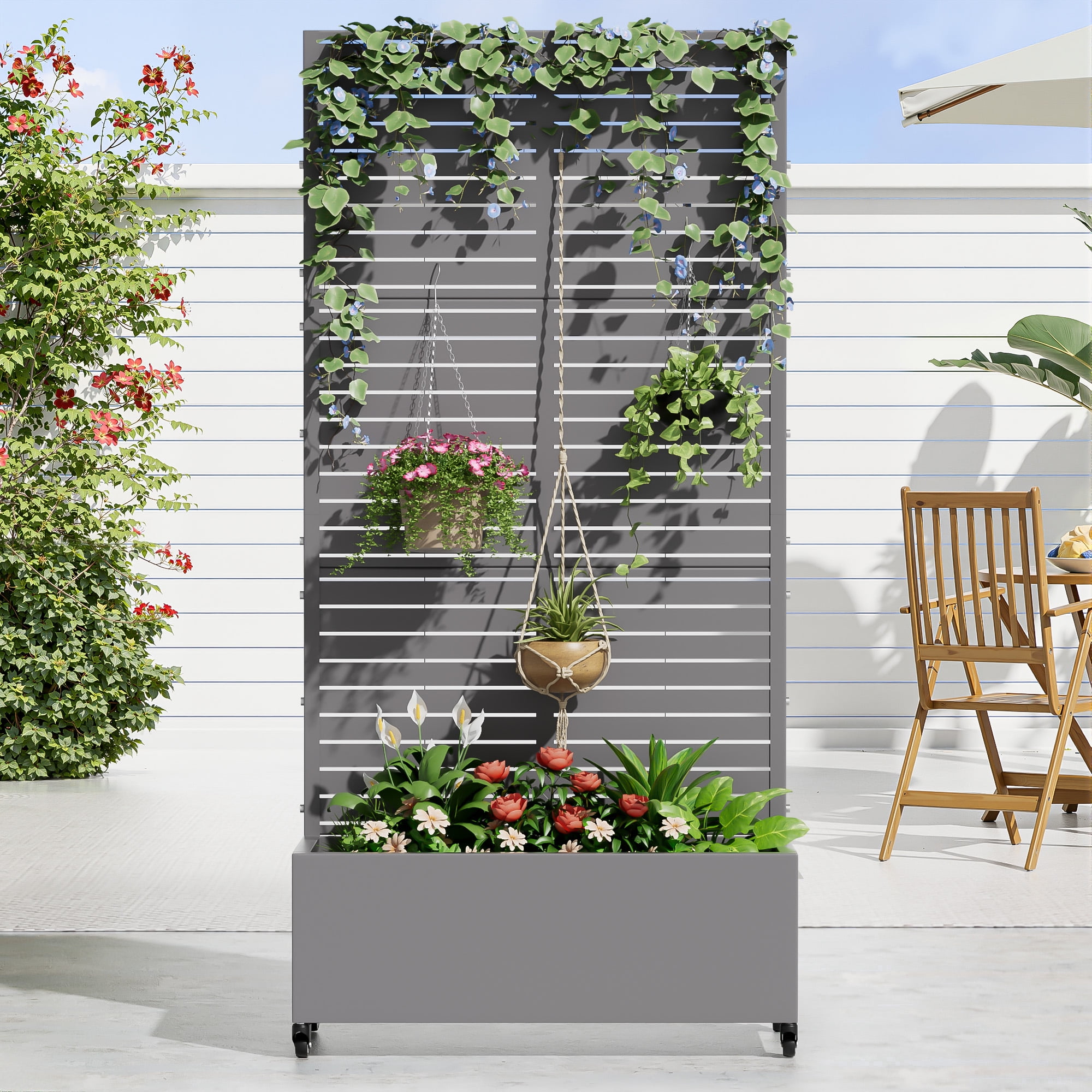 MAYEERTY 35*16*71"Outdoor Gray Metal Planter with Rect Louvered Climbing Trellis, Drainage hole ...