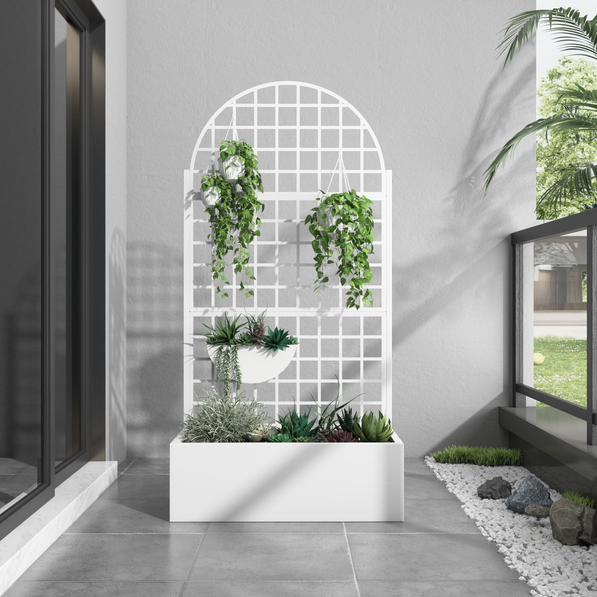 MAYEERTY 35*16*71"Outdoor White Metal Planter with Arch Climbing ...