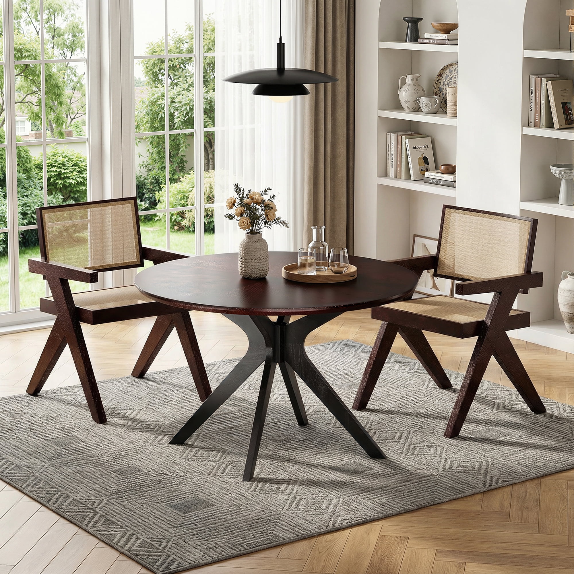 MAYEERTY 47" Solid Wood Round Dining Table, Intersecting Pedestal Base ...