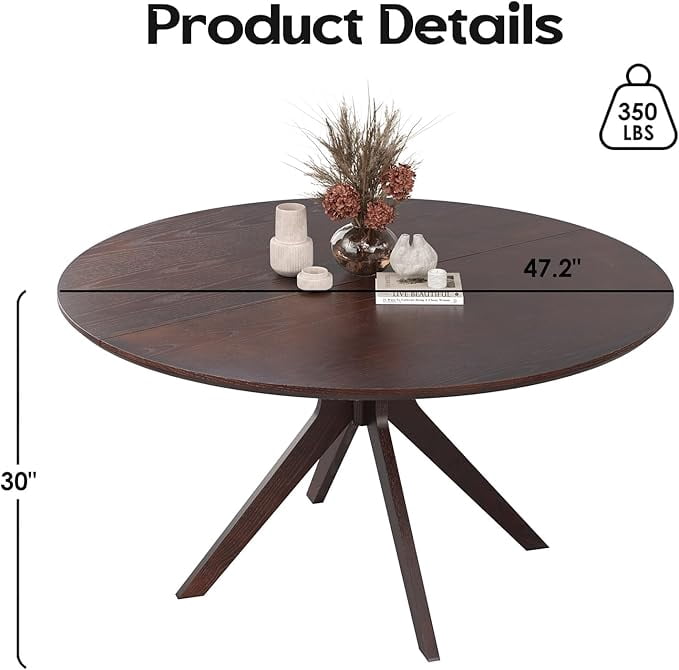 MAYEERTY 47" Solid Wood Round Dining Table, Intersecting Pedestal Base ...