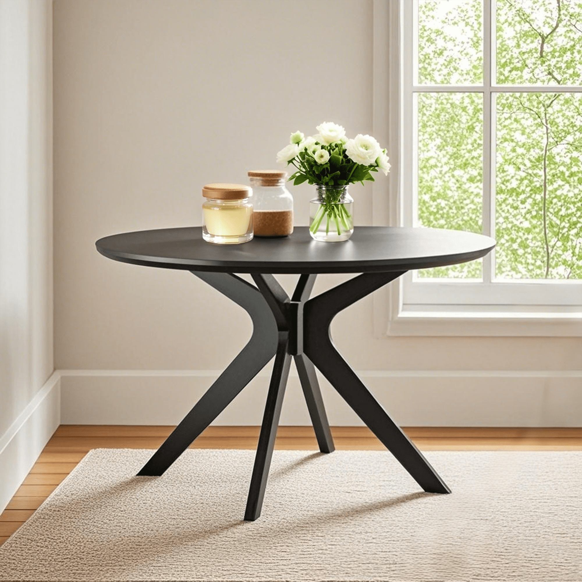 MAYEERTY 47" Solid Wood Round Dining Table, Intersecting Pedestal Base ...