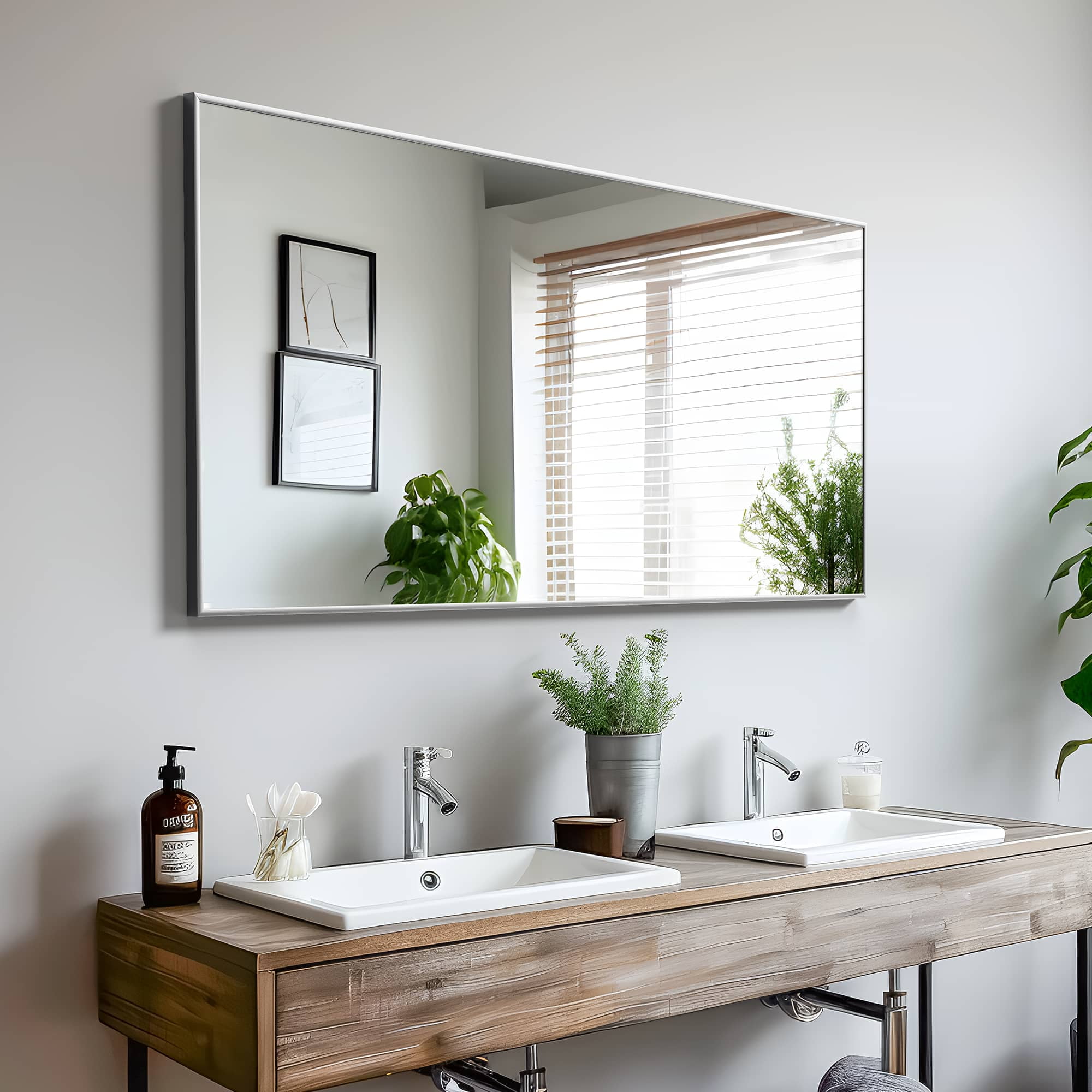 MAYEERTY 47"x22" Aluminum Alloy Rectangular Hanging Mirror, Mid-Century Bathroom Mirror, Silver ...