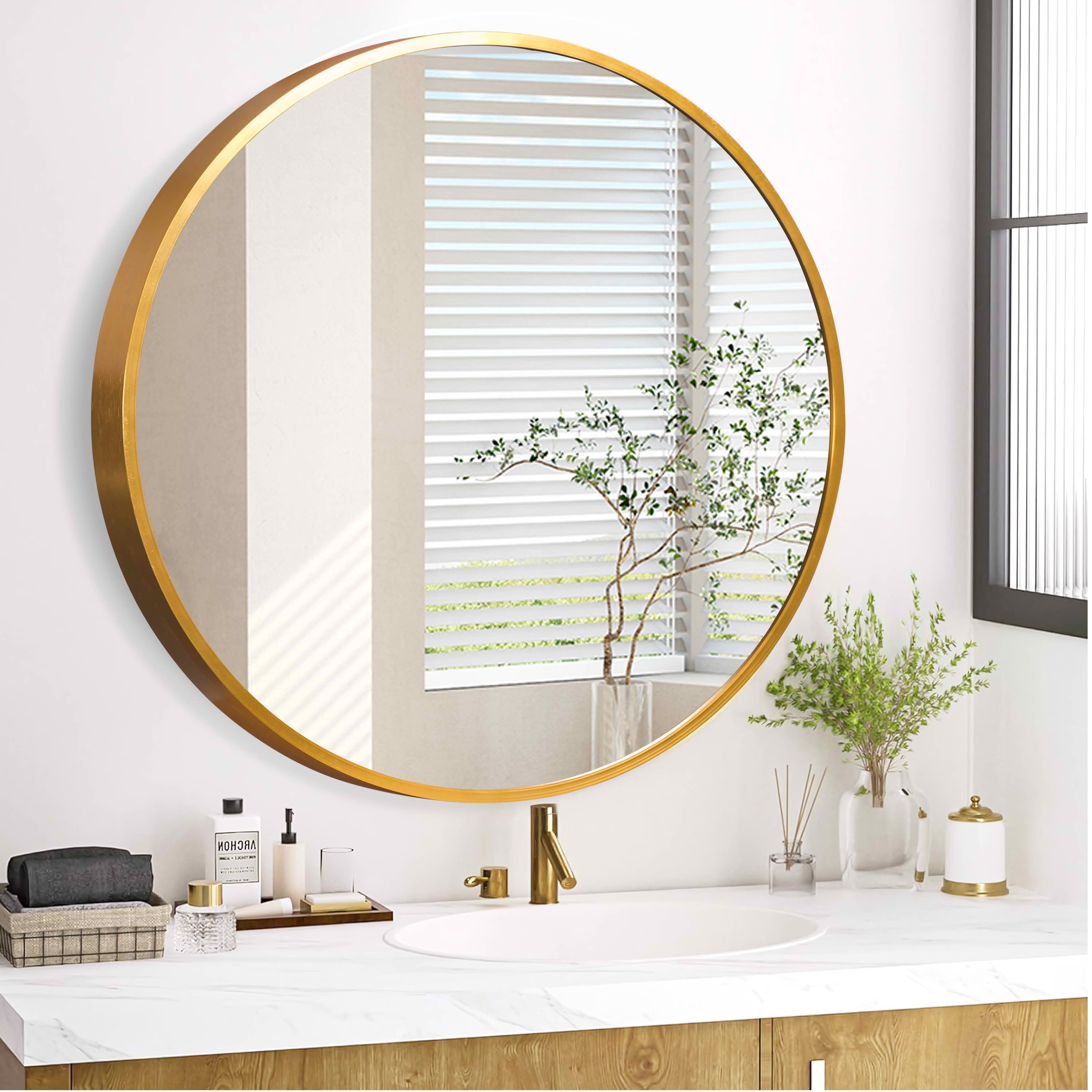MAYEERTY 47x47x1 Inch Gold Thin Edge Aluminum Round Wall Mounted Mirror ...