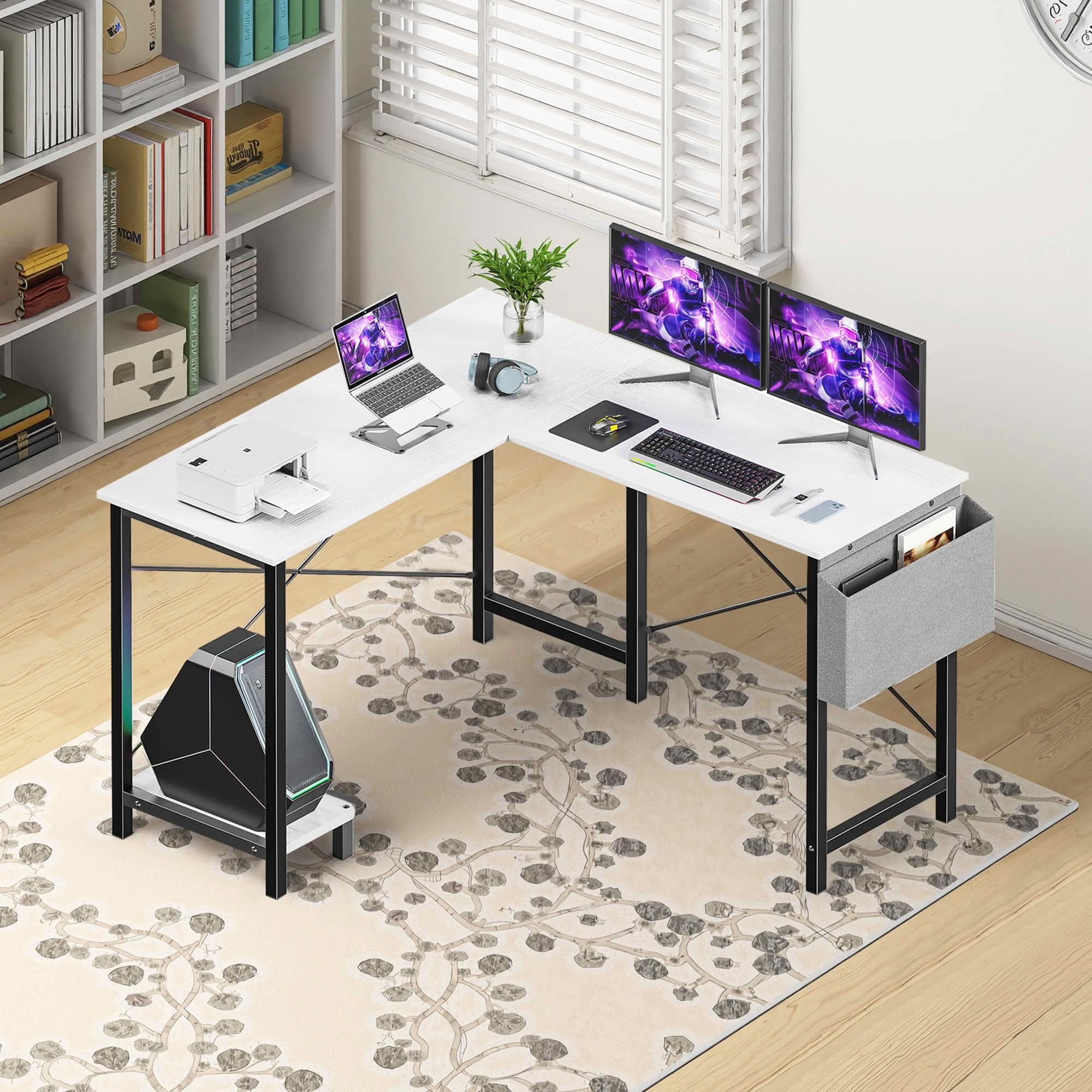 MAYEERTY 49in L-Shaped Computer Desk, CPU Stand Side Bag, Study Writing ...