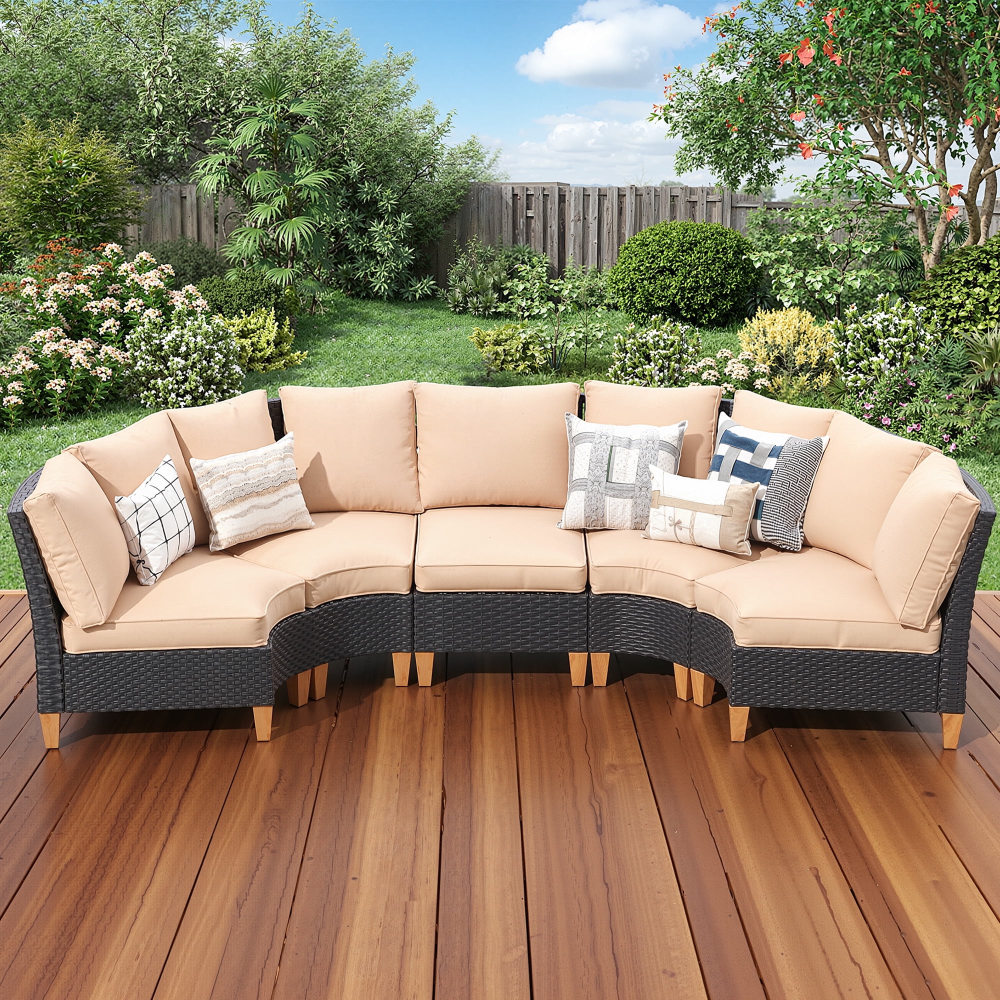 MAYEERTY 5-Piece Outdoor Patio Curved Wicker Sofa Set - 4 Fan-shaped ...
