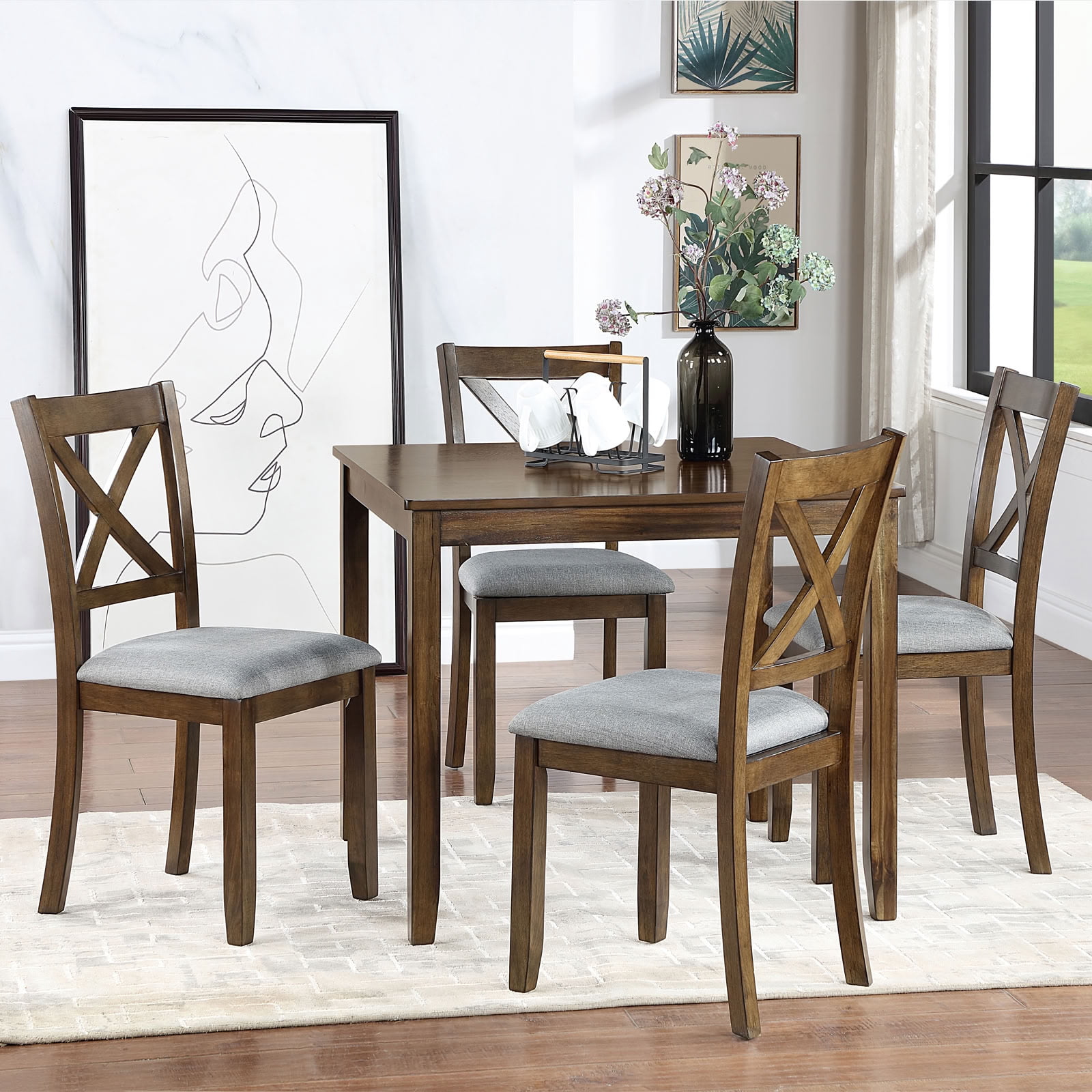 MAYEERTY 5-Piece Wooden Dining Table and Chairs Set for 4, Upholstered ...