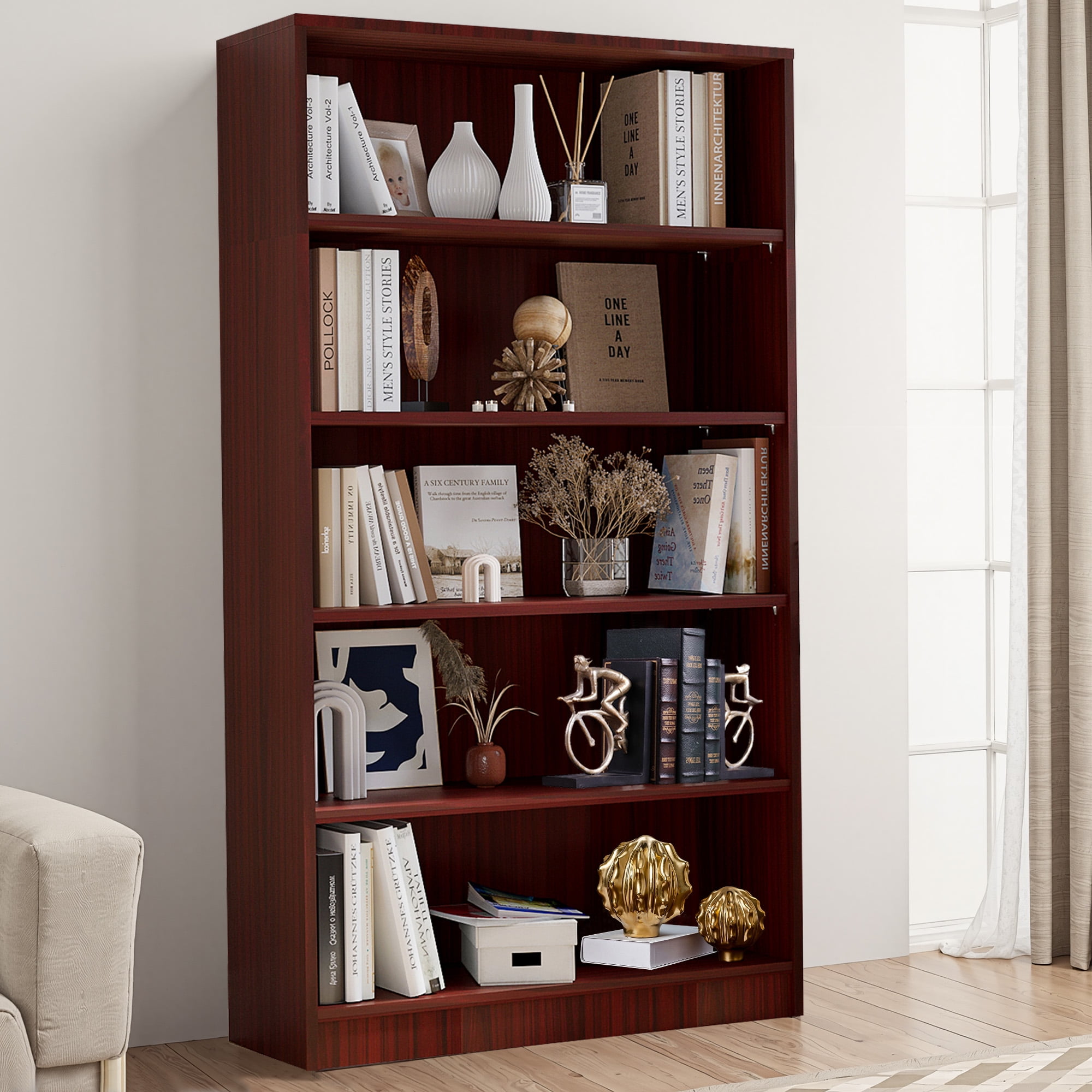 MAYEERTY 5-Shelf Black Wood Bookcase, 60" Tall, for Bedroom, Cherry ...