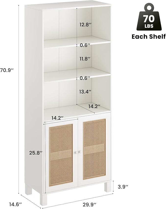 MAYEERTY 5-Shelf Bookcase with Rattan Doors, Tall Display Shelves for ...