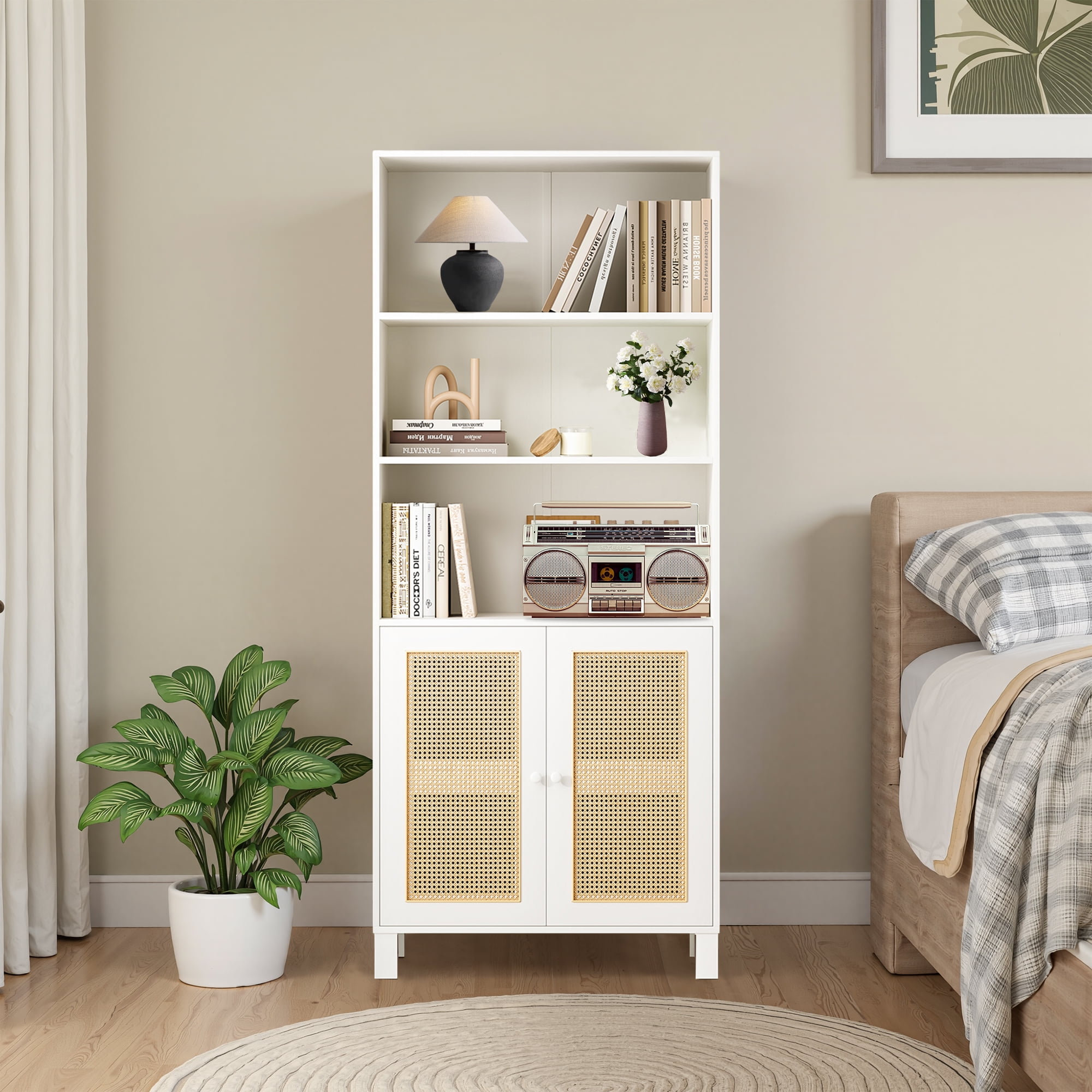 MAYEERTY 5-Shelf Bookcase with Rattan Doors, Tall Display Shelves for ...