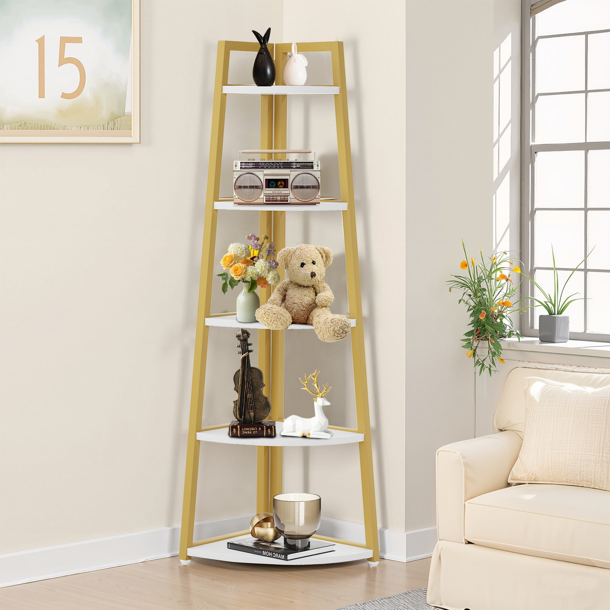 MAYEERTY 5-Tier Corner Shelf - 70" Tall Ladder Shelf, Small Bookshelf ...