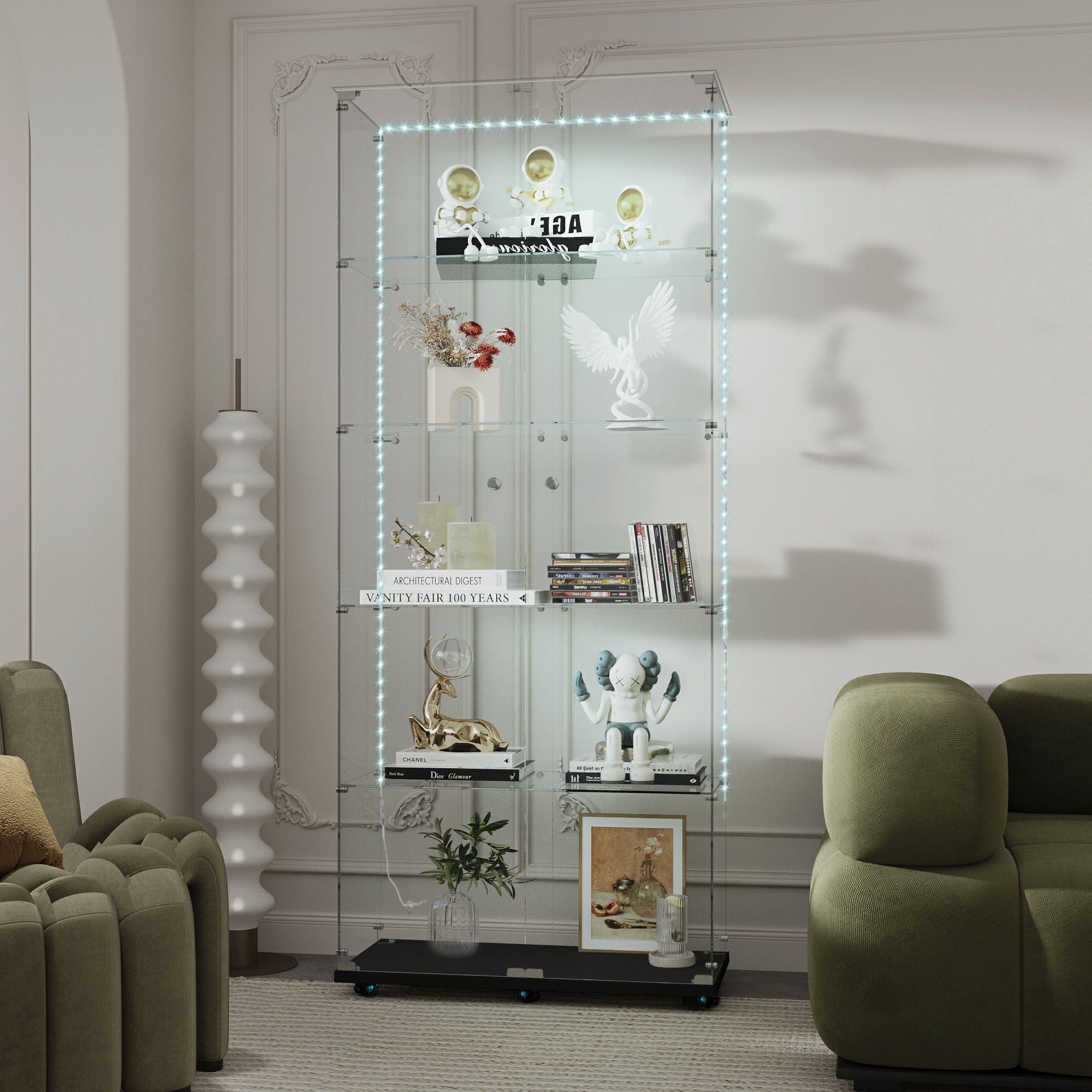 MAYEERTY 5 Tiers Glass Display Cabinet with Bluetooth LED Light Strips ...