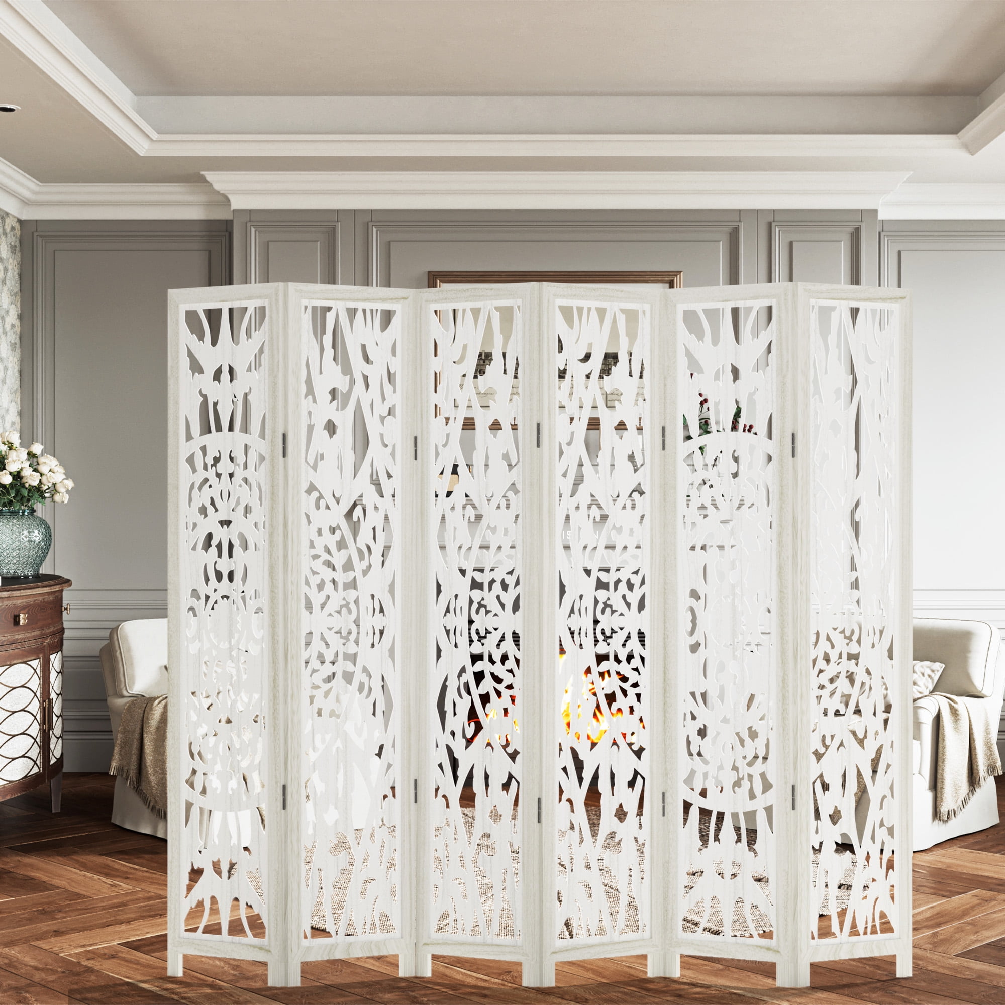 MAYEERTY 6-Piece 67×16" White Wood Privacy Panel Screen for Living Room ...