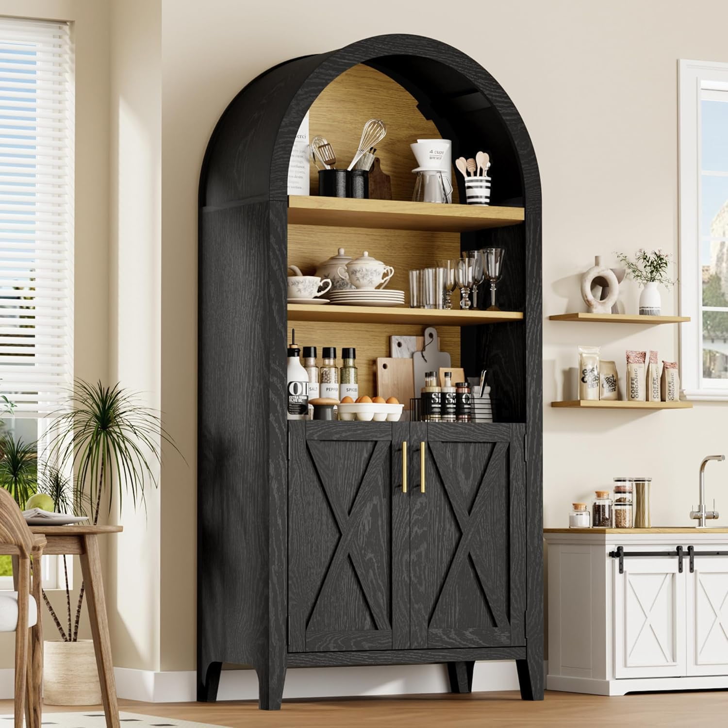 MAYEERTY 63" Arched Storage Cabinet with Beech Wood Door, 5 Tier ...