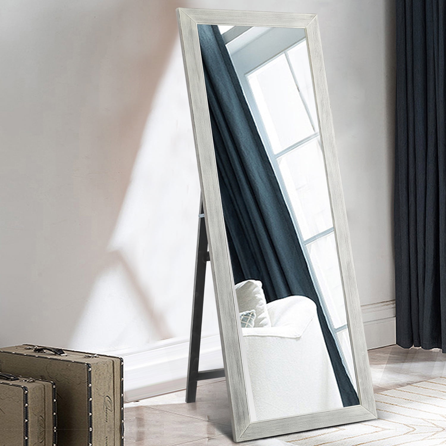MAYEERTY 64"×20" Washed White Solid Wood Full-Length Mirror Wire ...