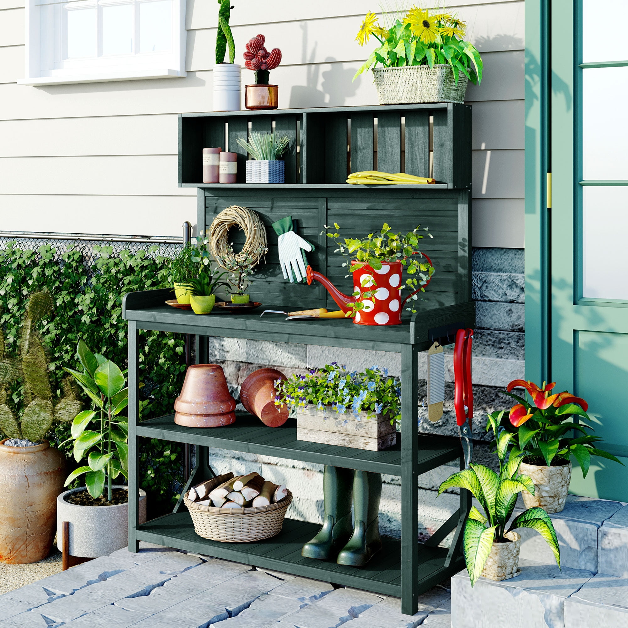MAYEERTY 65'' Farmhouse Wooden Potting Bench Table with Shelves & Side ...