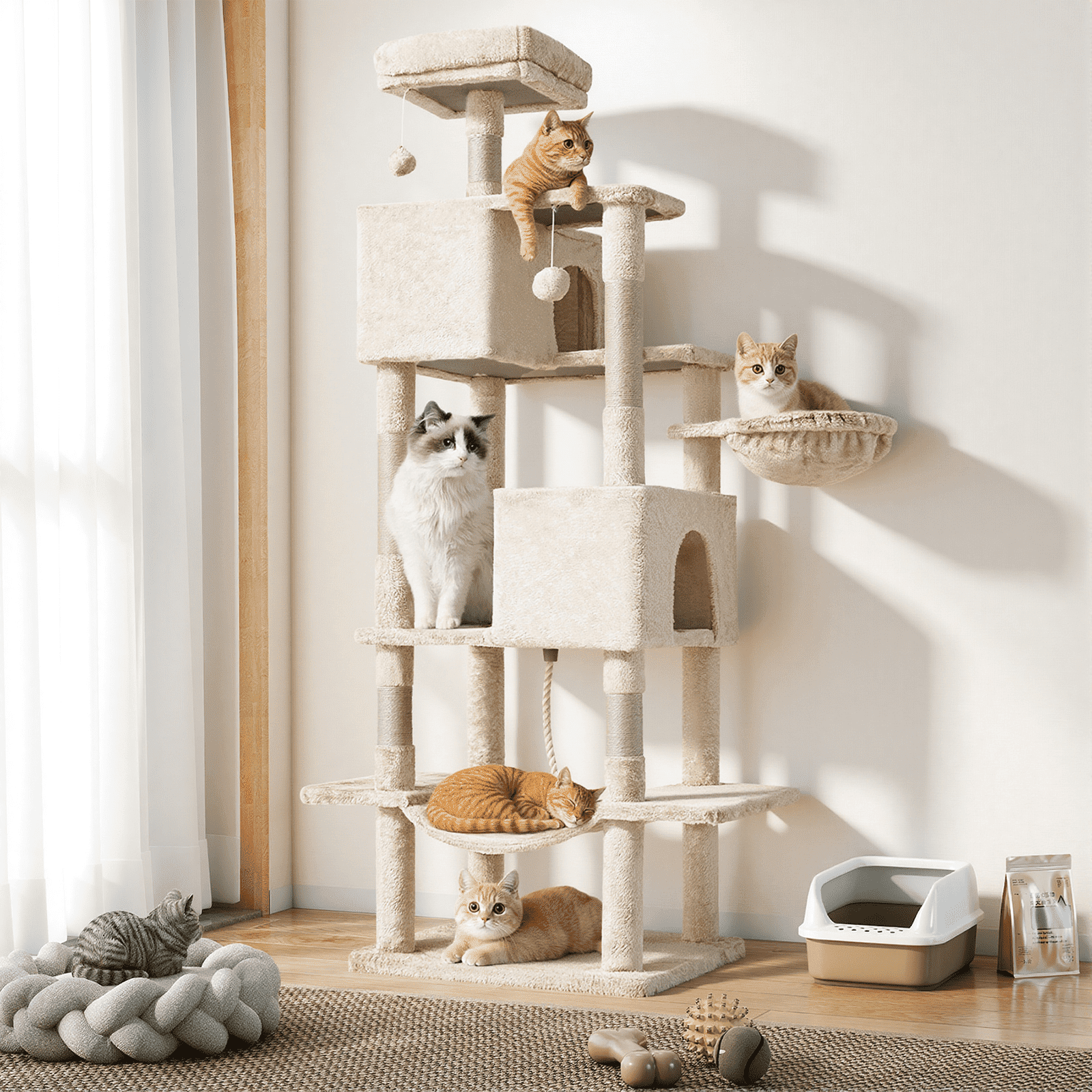 MAYEERTY 66-inch Cat Tree Tower Multi-Cat Climbing Extended Platform ...