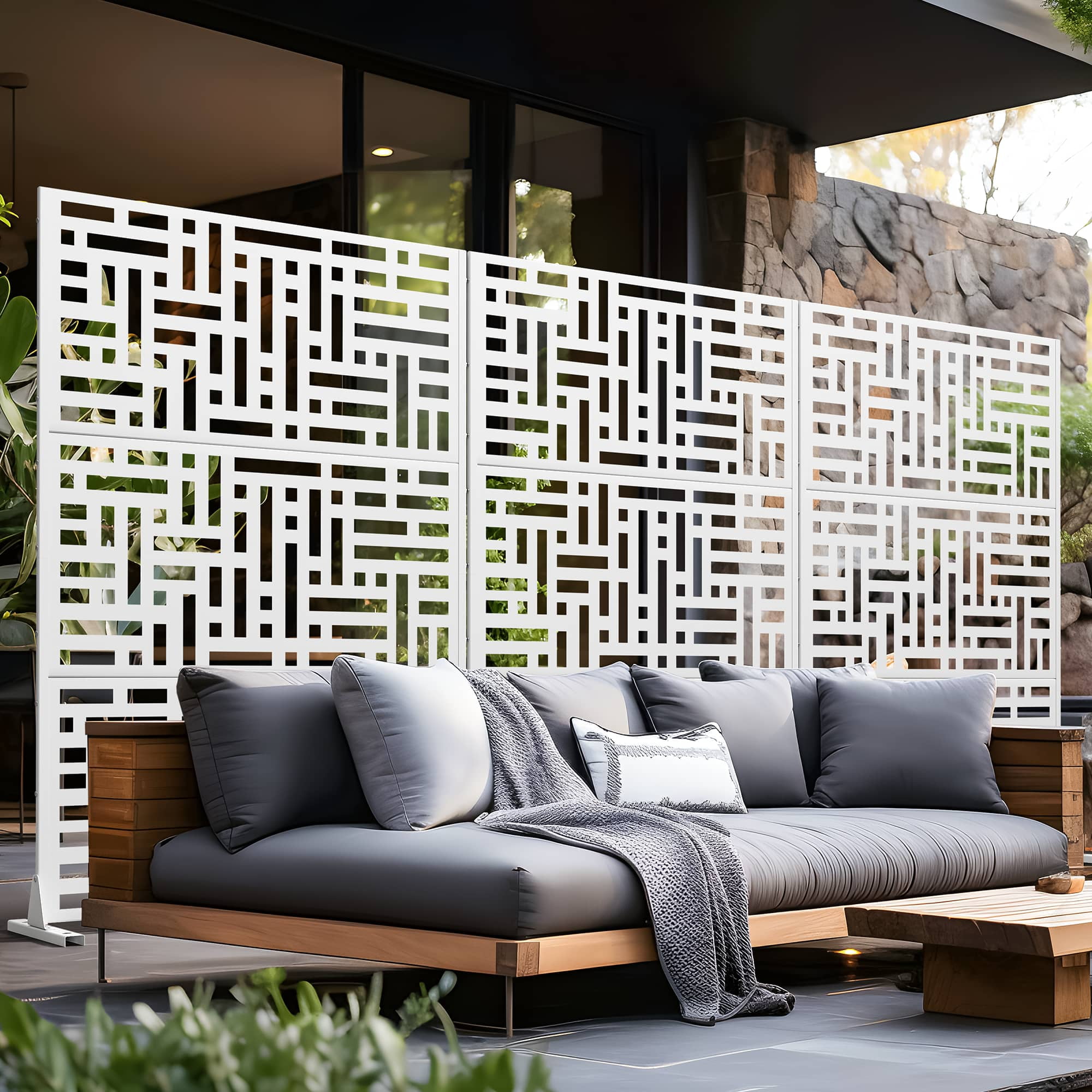 MAYEERTY 72" × 47" Outdoor Privacy Screen, 3 Panels Metal Decorative ...