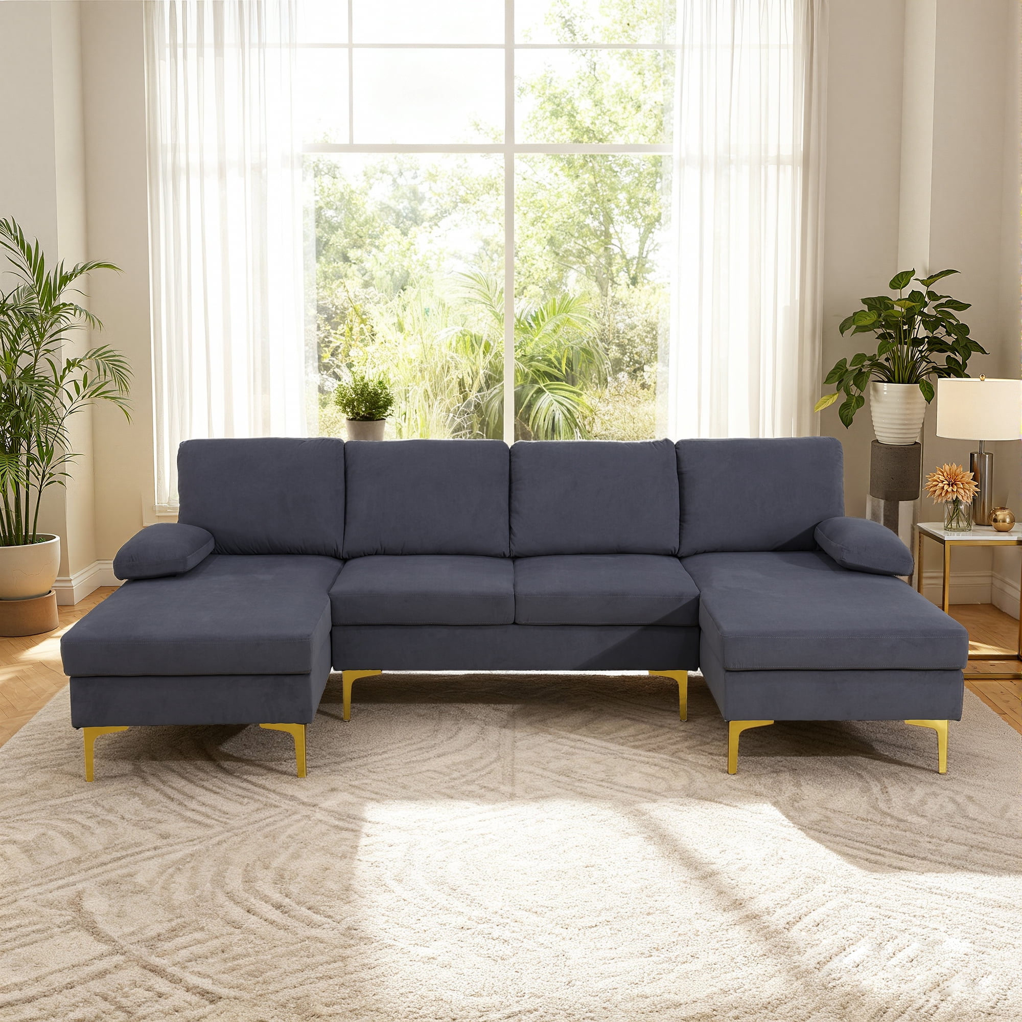 MAYEERTY 99.5" U-Shaped Modular Sofa, Flannel Sectional Couch Sofa Set ...
