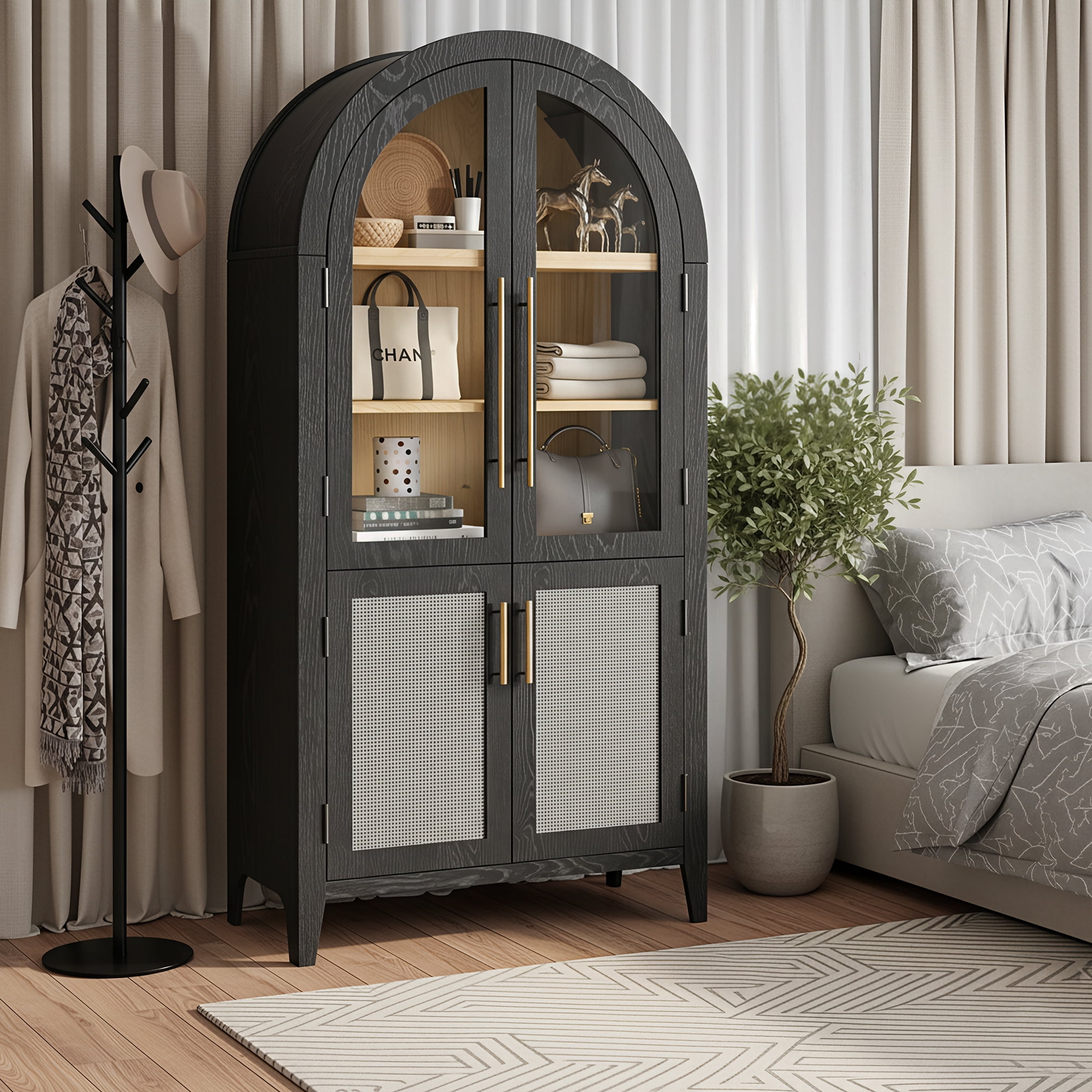 MAYEERTY Arch Display Cabinet with Glass Doors, Wooden Storage Cabinet ...