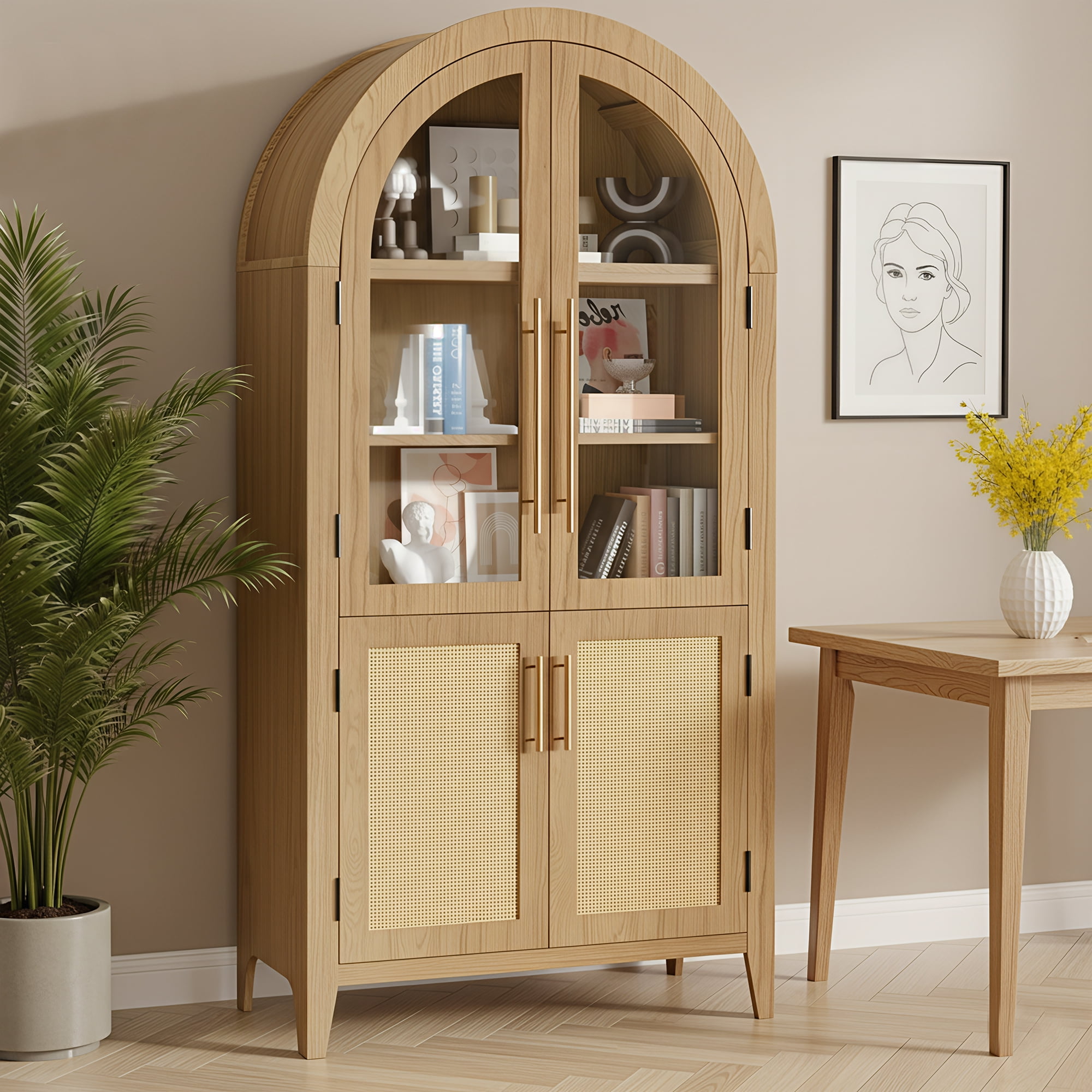 MAYEERTY Arch Display Cabinet with Glass Doors, Wooden Storage Cabinet ...