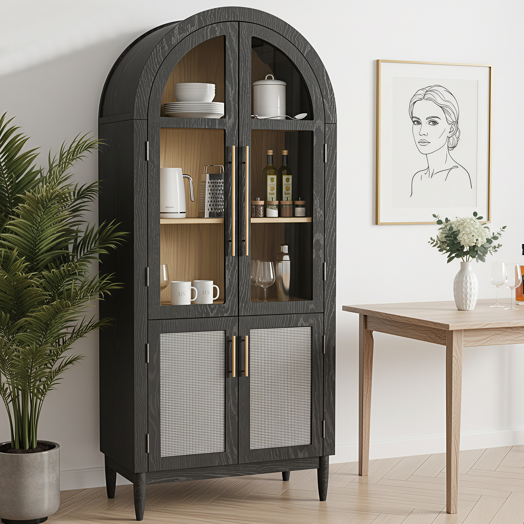 MAYEERTY Arch Display Cabinet with Glass Doors, Wooden Storage Cabinet ...