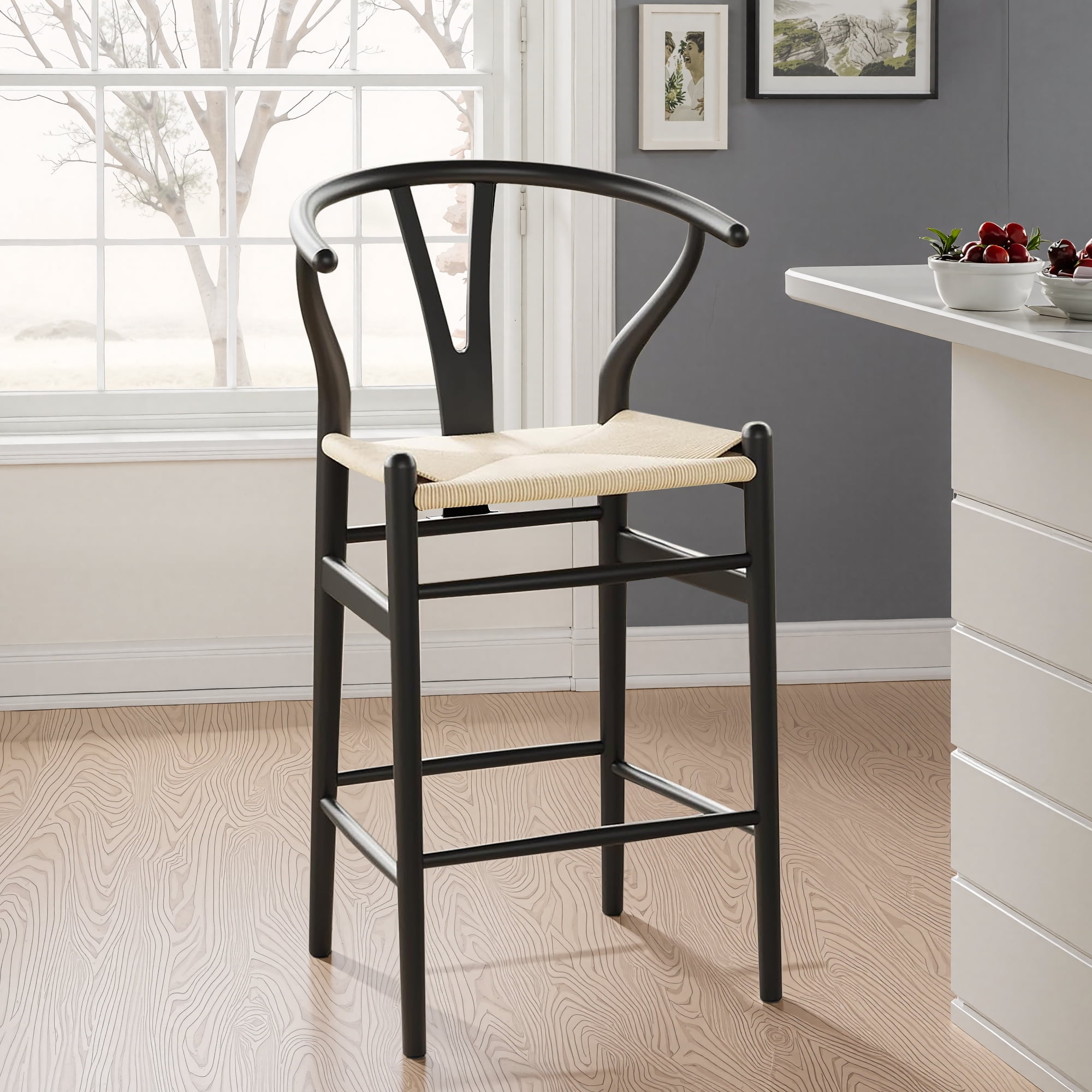 MAYEERTY Black-Beige Fully Assembled Wishbone Weave Bar stool for ...