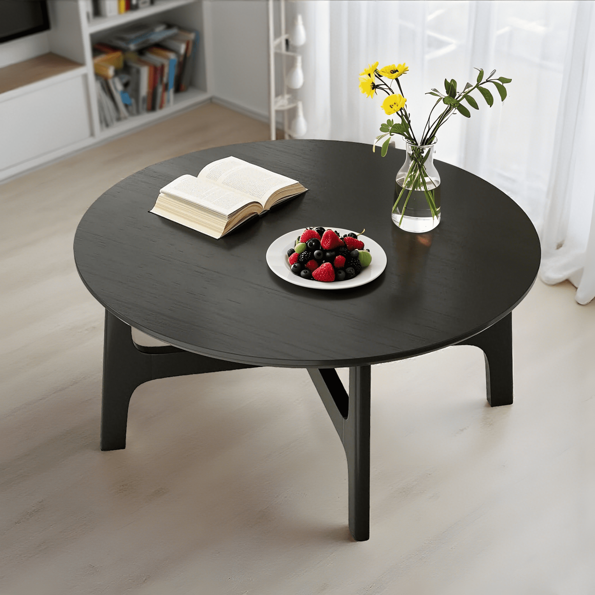 MAYEERTY Black 39" Round Coffee Table: Wood Tabletop & Cross Frame, for ...