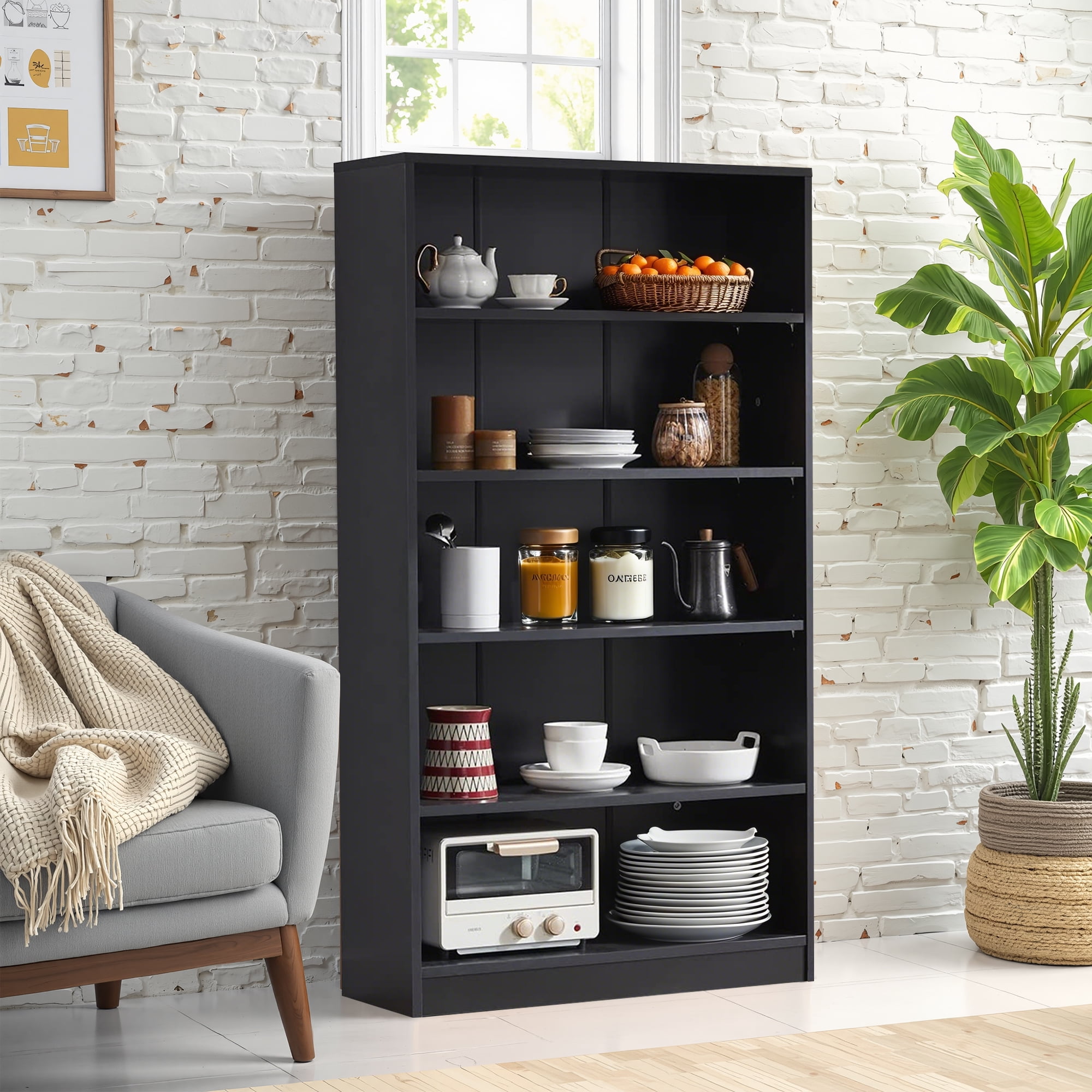 MAYEERTY Black 4-Shelf Modern Wood Bookcase, 48" Tall, for Bedroom ...