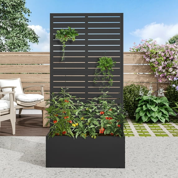MAYEERTY Black Metal Planting Box with Climbing Trellis & Louvered ...
