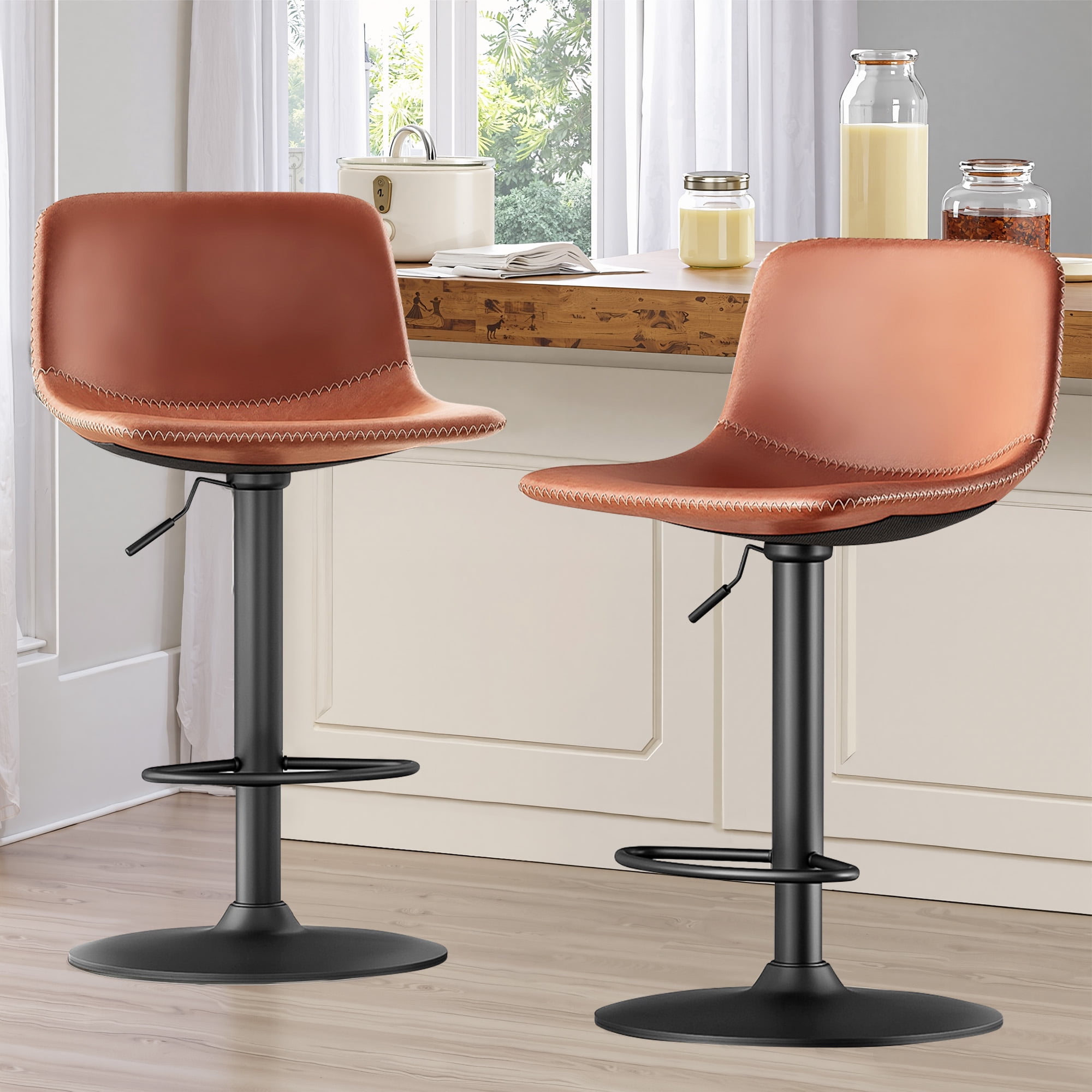 MAYEERTY 2-Set Brown Modern Swivel Bar Stools with Back Support for ...