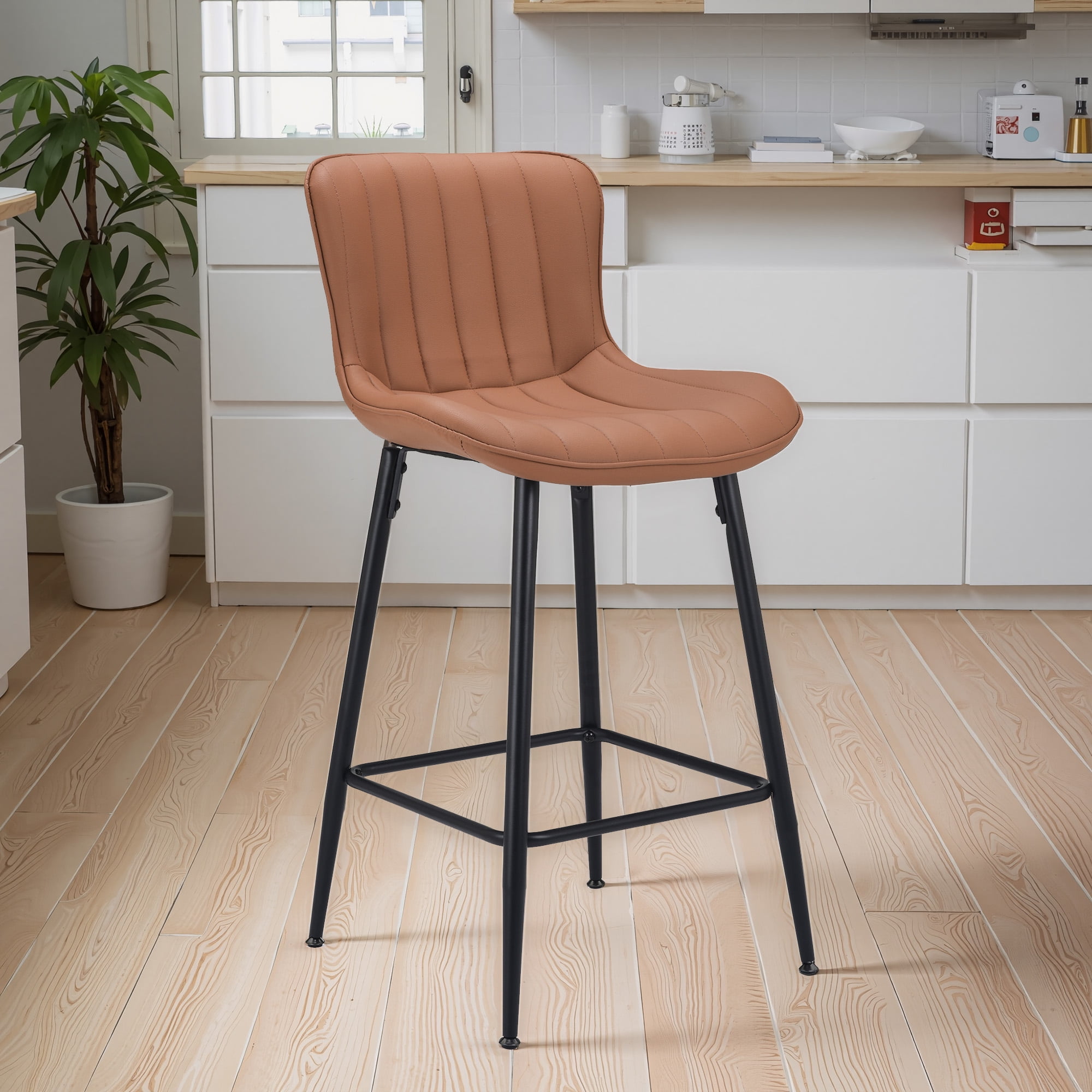 MAYEERTY Brown 2-Pack Faux Leather Counter Bar Stools, Modern Design ...