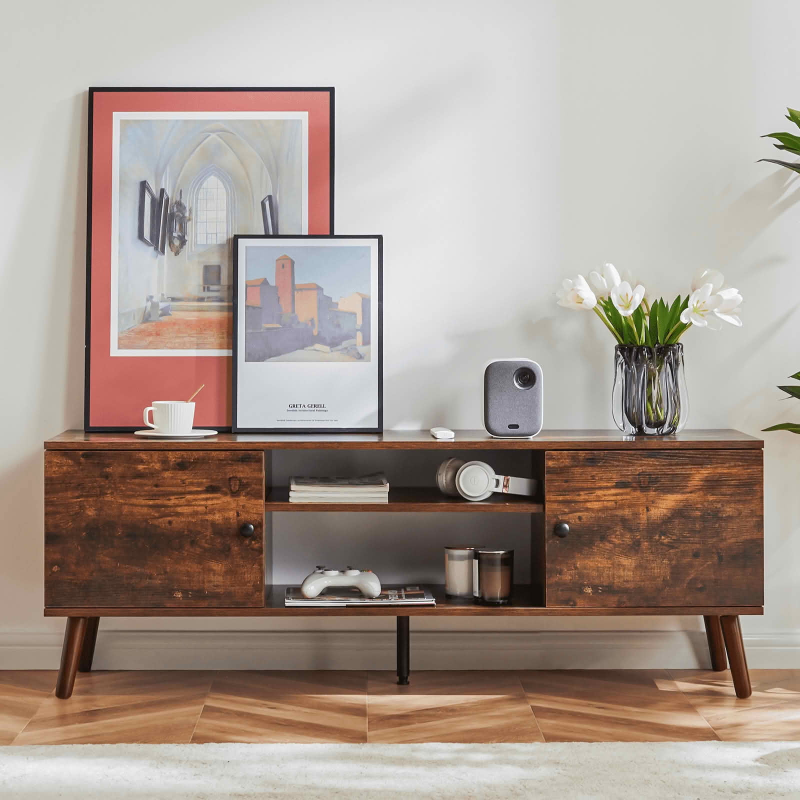 MAYEERTY Brown Panel-Style TV Stand - Storage & Display, for Living ...