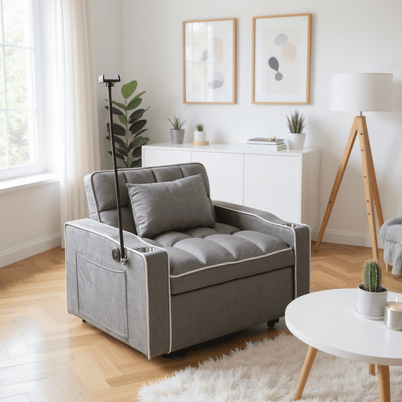 MAYEERTY Corduroy 1-Seater Sofa Bed with Phone Holder & Cup Holders ...