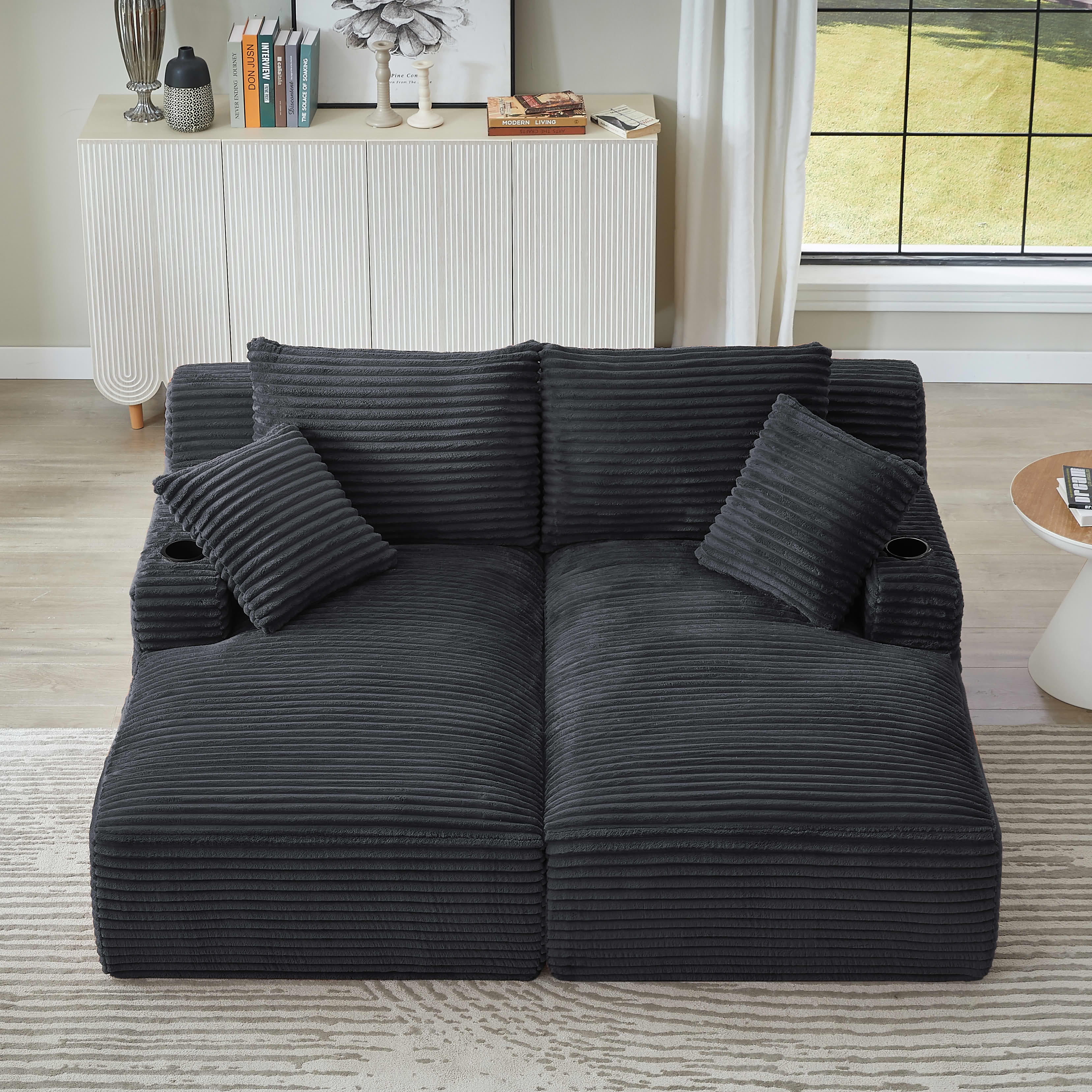 MAYEERTY Corduroy Double Chaise Lounge Sleeper with Cupholders, Spring ...