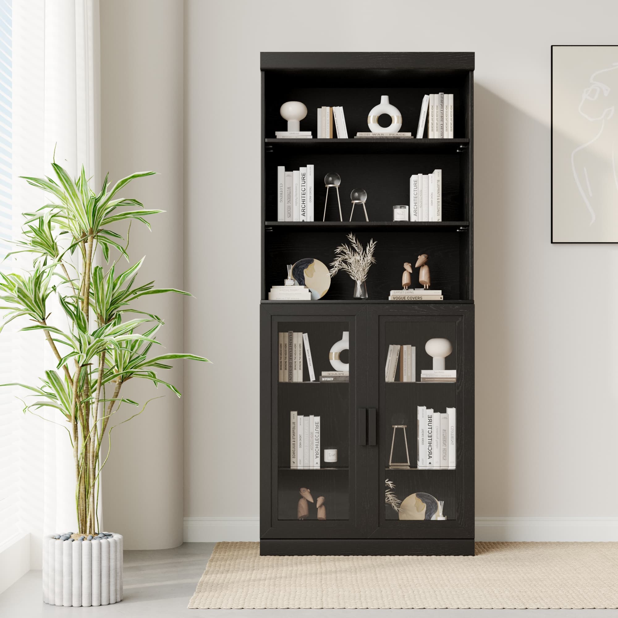 MAYEERTY Curio Display Cabinet with Glass Doors, DIY Combination ...