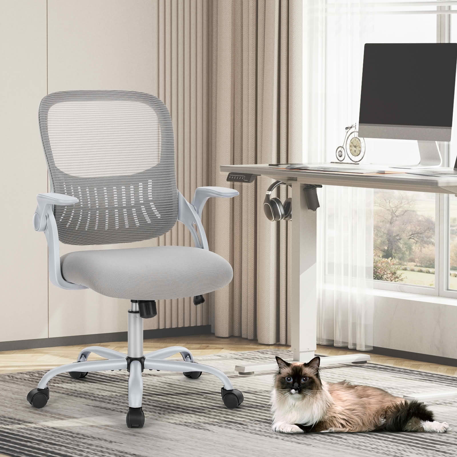 MAYEERTY Ergonomic Mid-Back Office Chair, Flip Handrail Lumbar Support ...