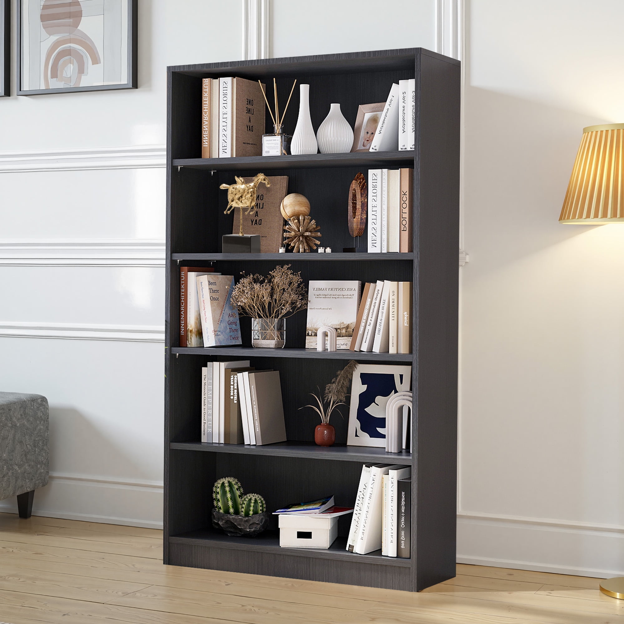 MAYEERTY Gray 5-Shelf Modern Wood Bookcase, 60" Tall, for Bedroom ...
